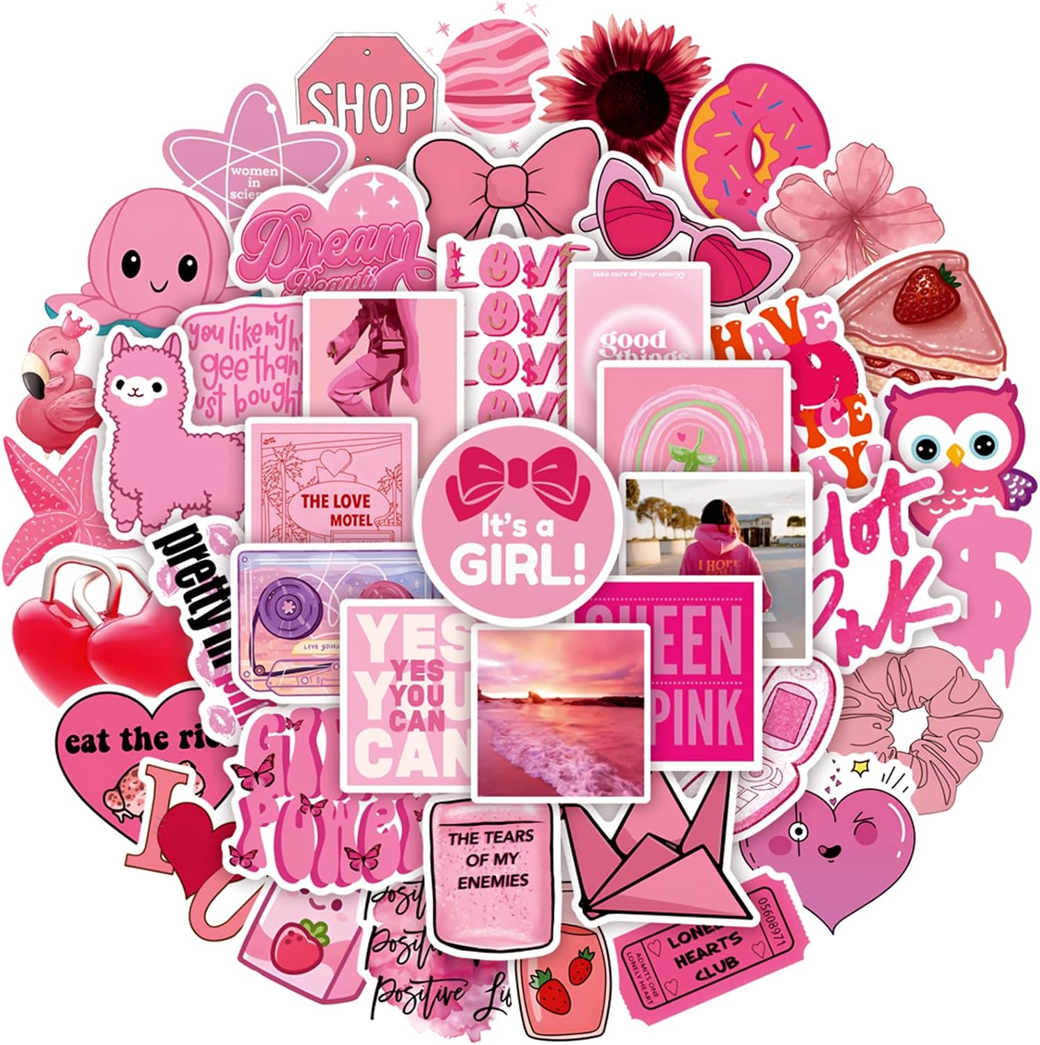 Amazon.com: 50Pcs Cute Pink Stickers for Girls, Waterproof Vinyl Pink ...