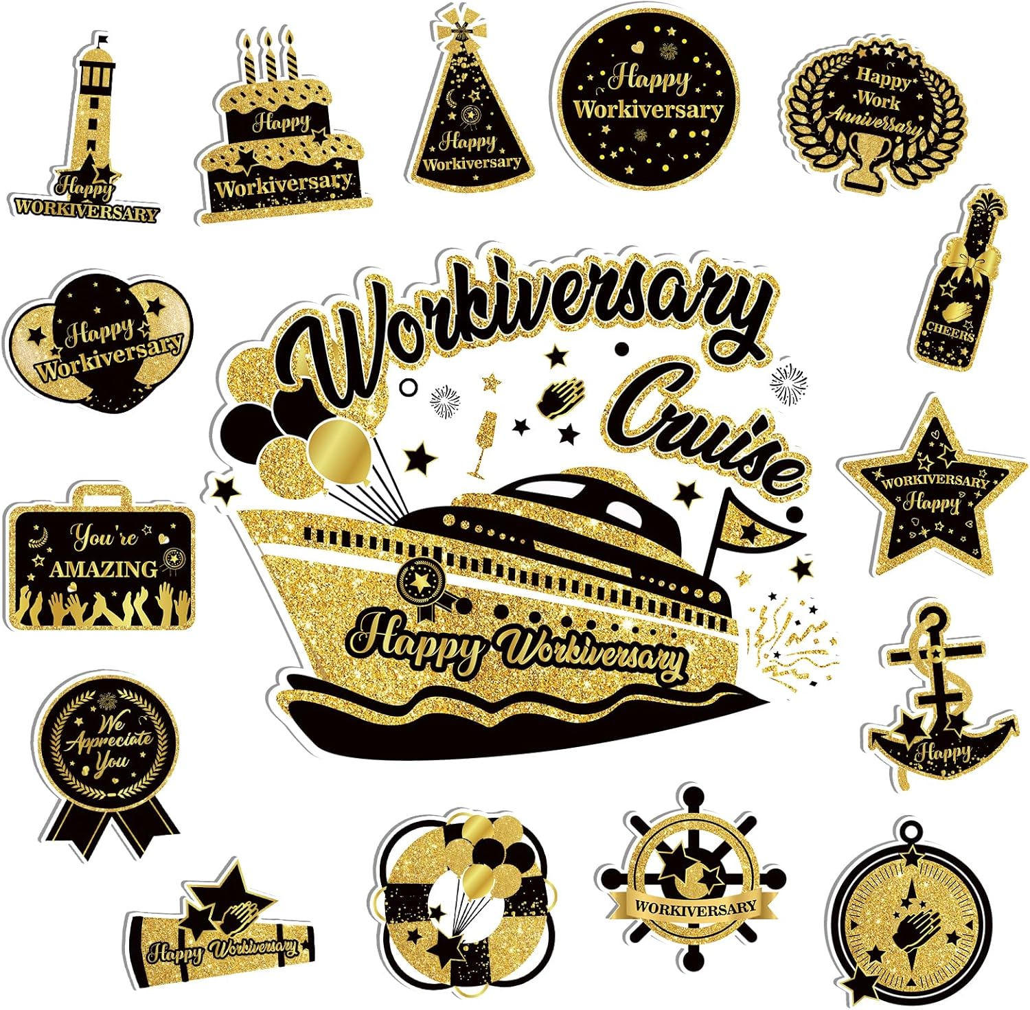 Amazon.com: Happy Work Anniversary Decorations Black Gold Workiversary ...