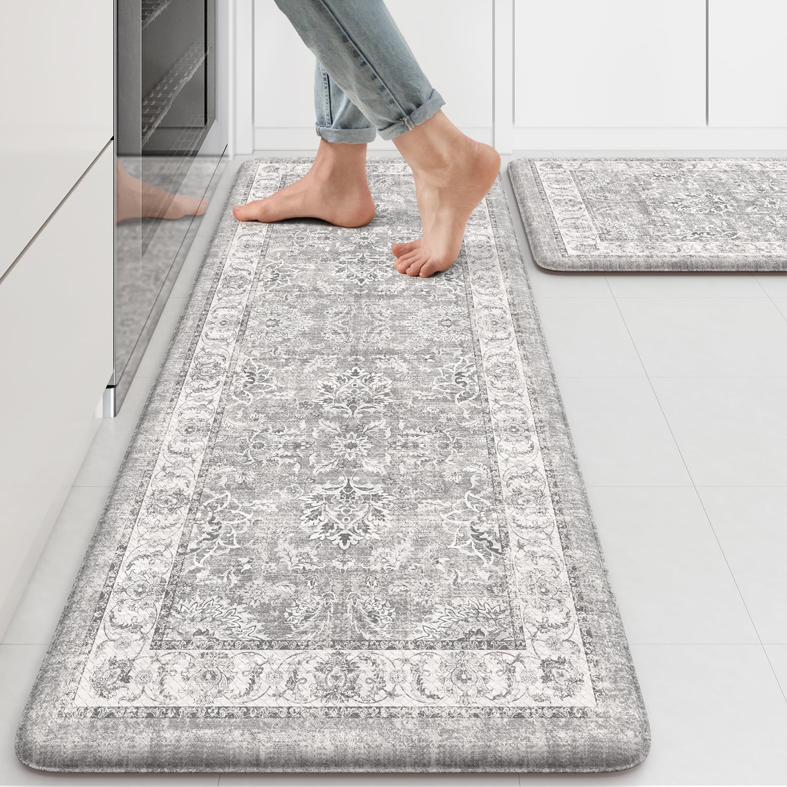 KIMODE Kitchen Mats Cushioned Anti Fatigue, Boho Floral Kitchen Rugs ...