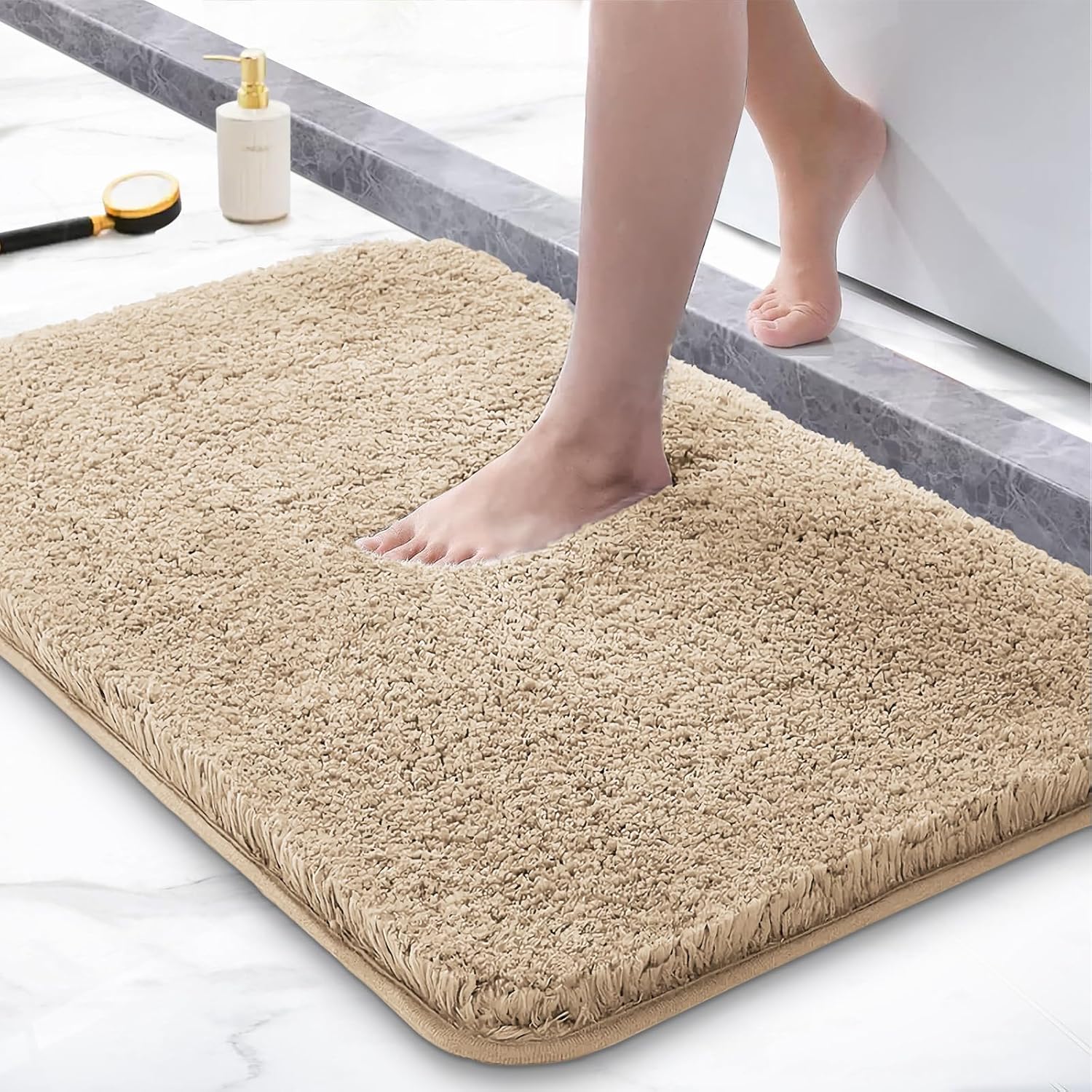 Amazon.com: Beige Microfiber Bathroom Rugs Mat 24x16, Shaggy Soft and ...