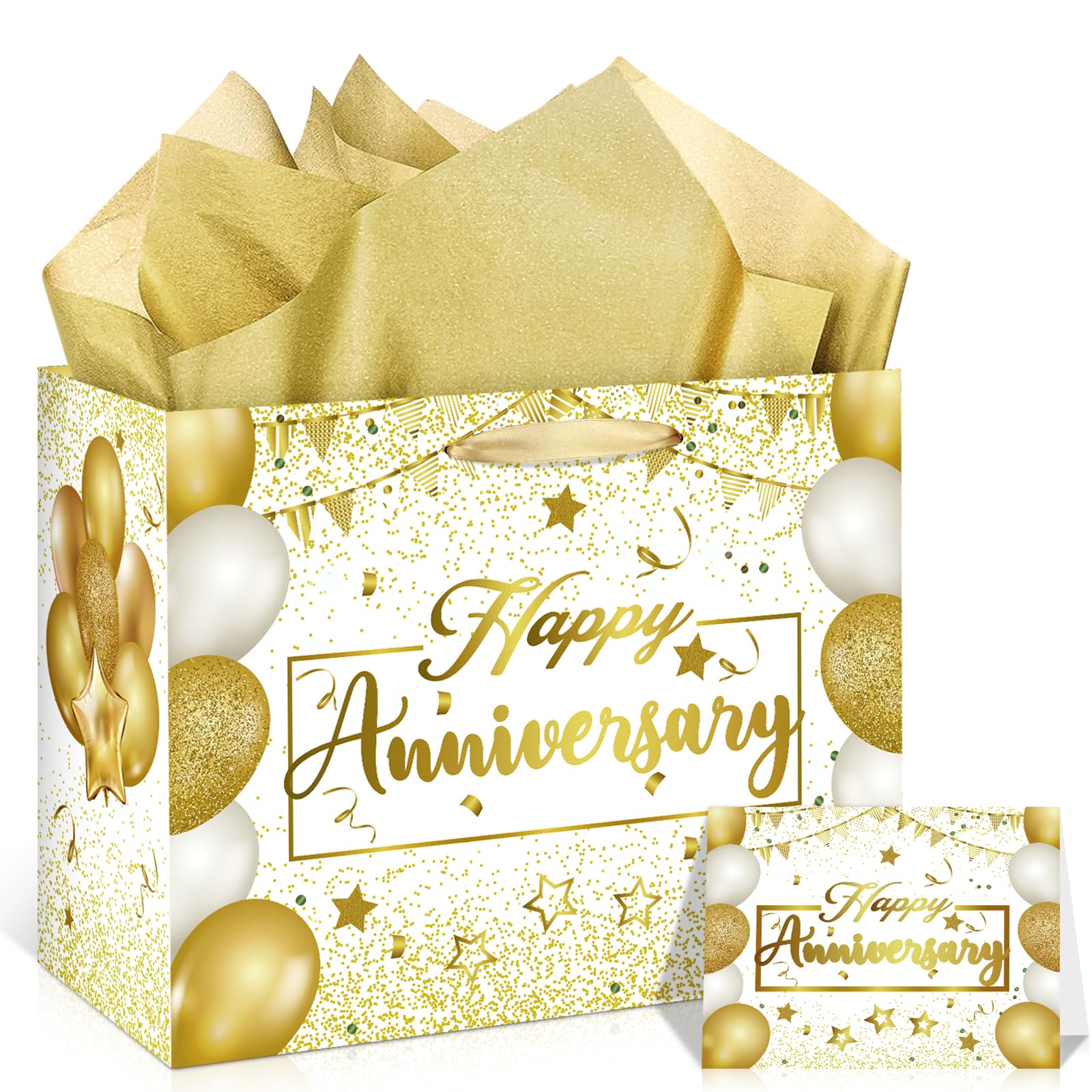 Amazon.com: White Gold Anniversary Party Gift Bag with Tissue Papers ...