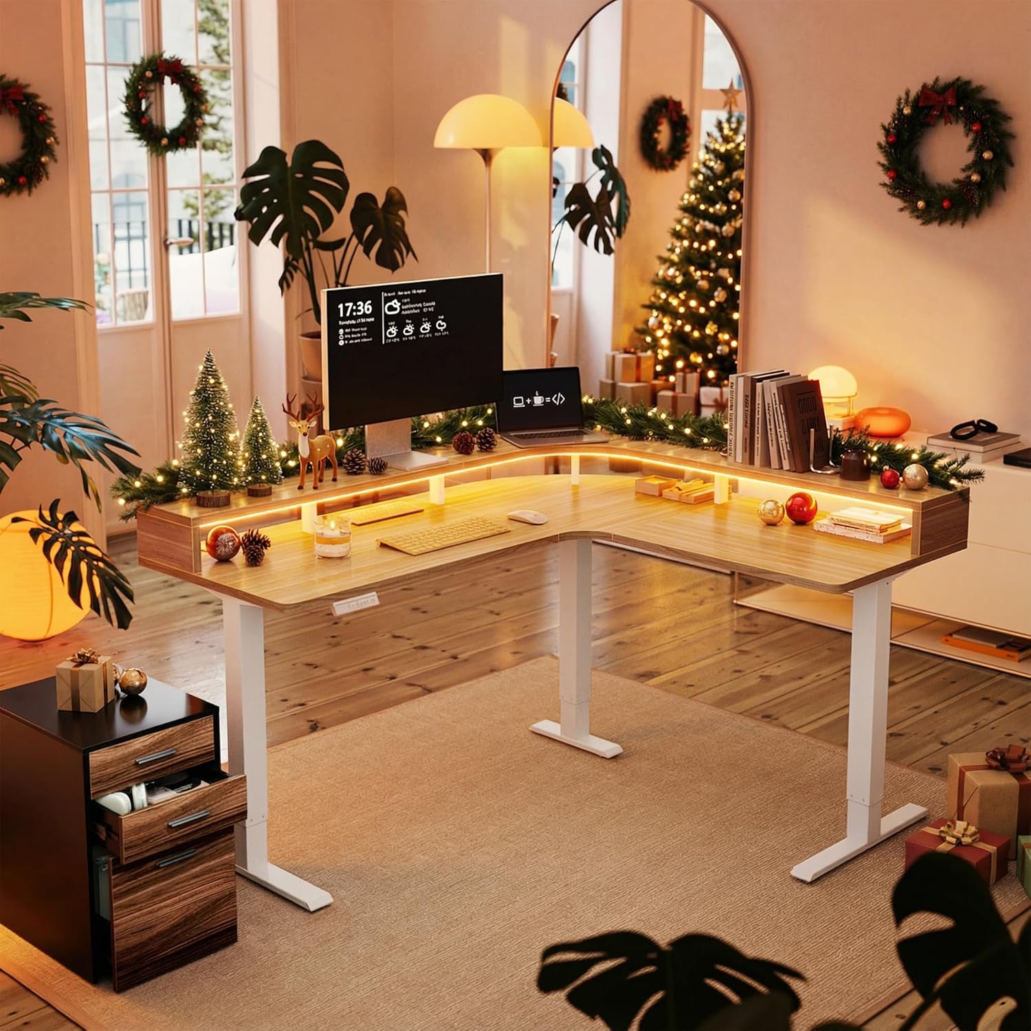 Amazon.com: HUANUO Electric L Shaped Stadning Desk with LED Strip ...
