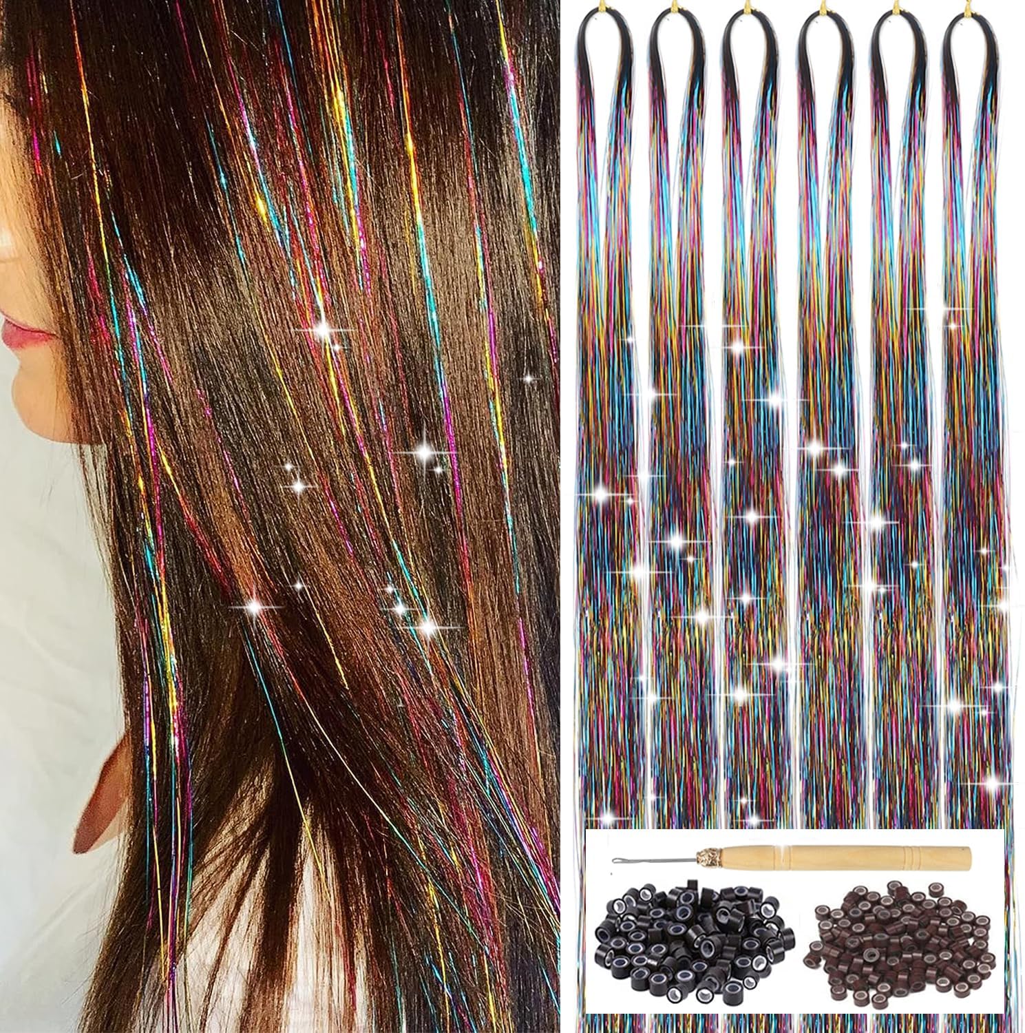 Amazon.com : Rainbow Hair Tinsel Kit with Tool 6pcs 1200 Strands Glitter Tinsel Hair Extensions ...
