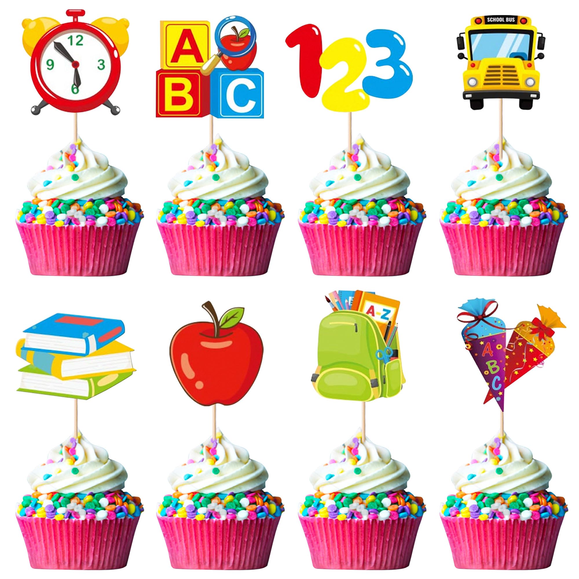 Amazon.com: 32 Pack Back to School Cupcake Toppers 8 Designs First Day ...
