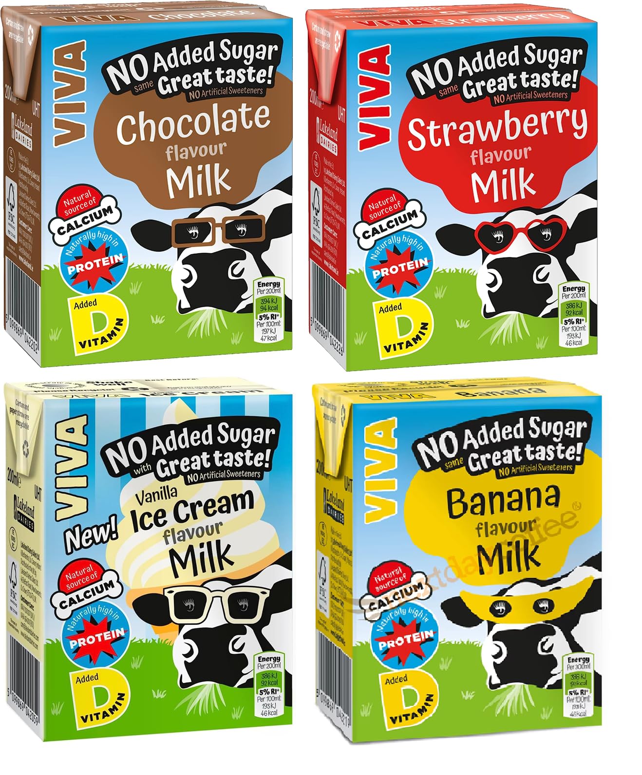 Viva Flavoured Milk 200ml x 16 - No Added Sugar - 4 x Strawberry, 4 x ...