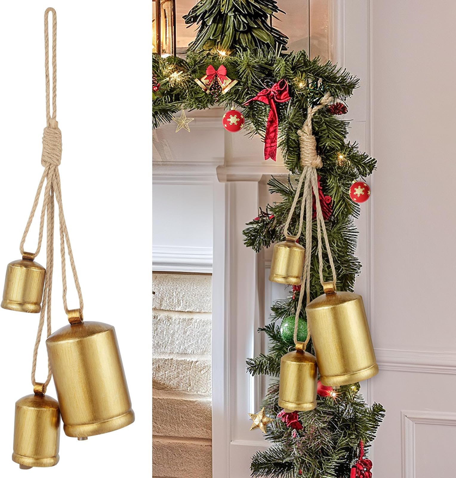 Amazon.com: Ausicfen Set of 2 Christmas Cow Bell Brass Bells,Large Gold ...