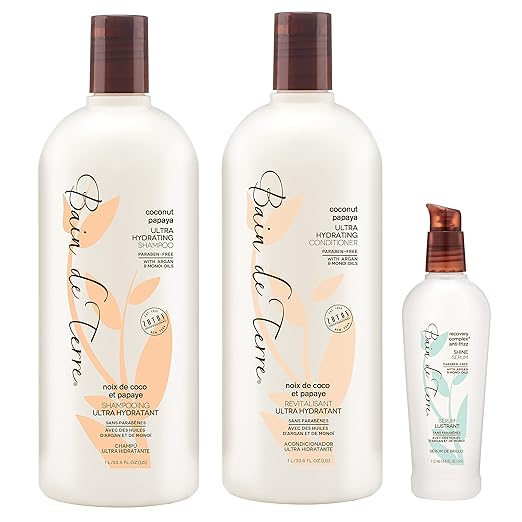 Amazon.com: Bain de Terre Ultra Hydrating Shampoo & Conditioner & Shine Serum | Coconut Papaya ...