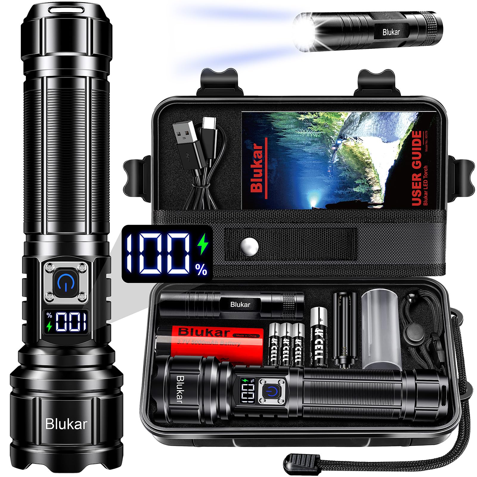 Blukar Lampe Torche LED Ultra Puissante, Lampe de Poche Rechargeable ...