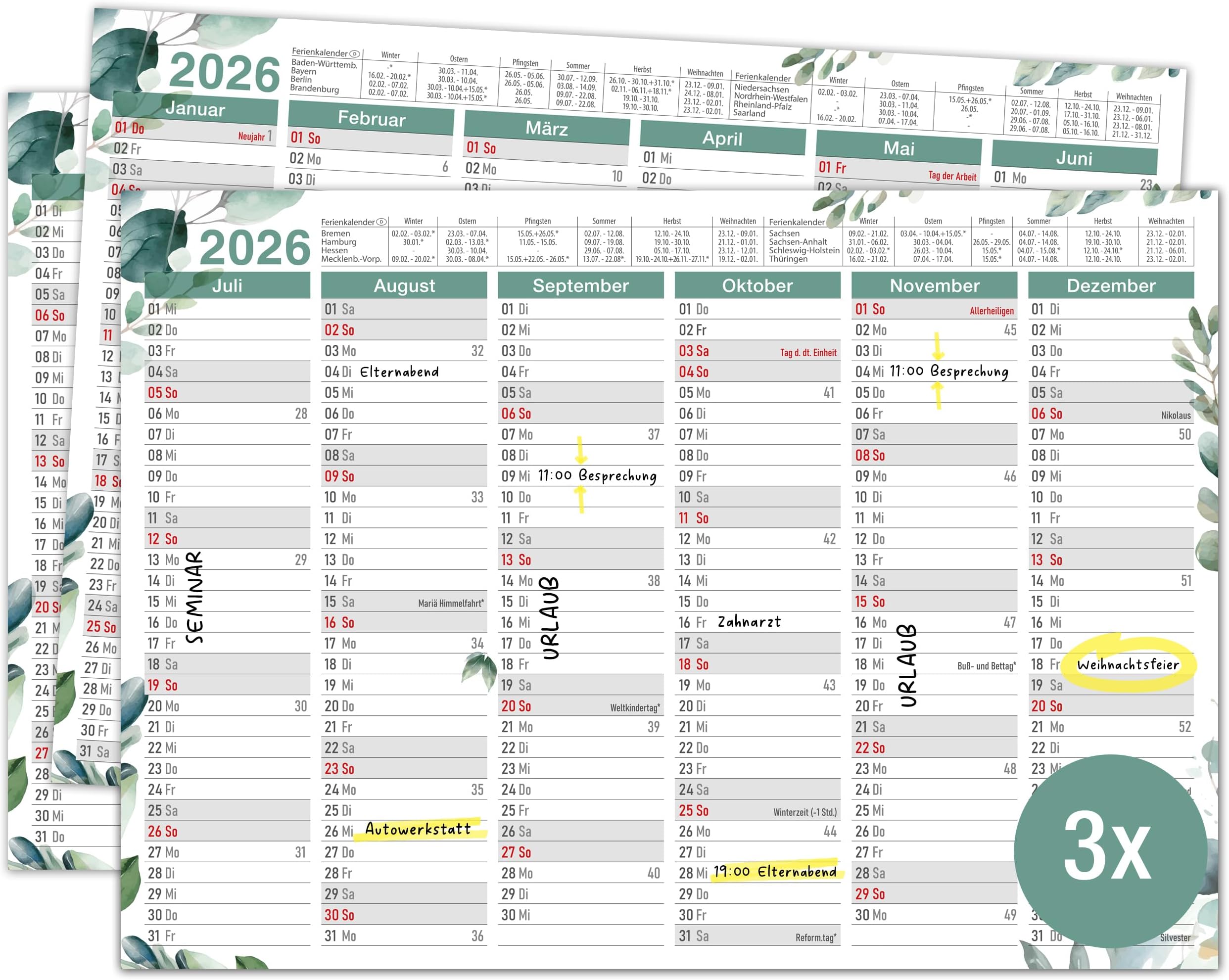 TOBJA Tafelkalender 2026 in 3er Set - DIN A4 Übersicht für wichtige ...