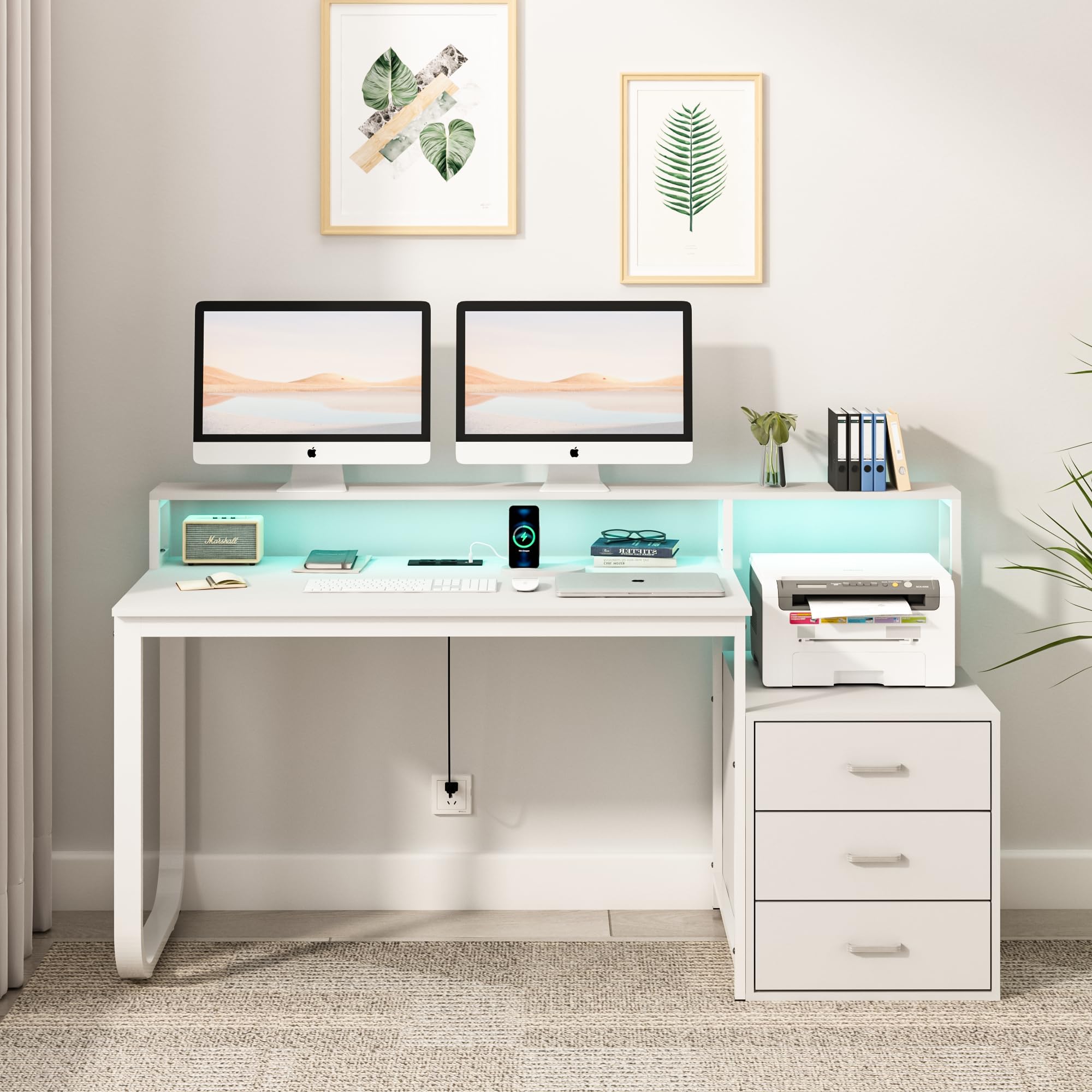 Amazon.com: HOMBCK White Desk with Storage Drawers, 67” Office Desk ...