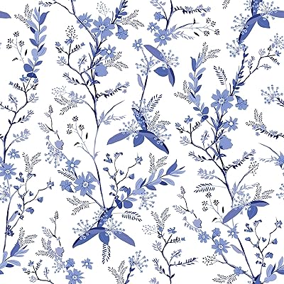 Safiyya Peel and Stick Wallpaper Floral Birds Contact Paper Blue White ...