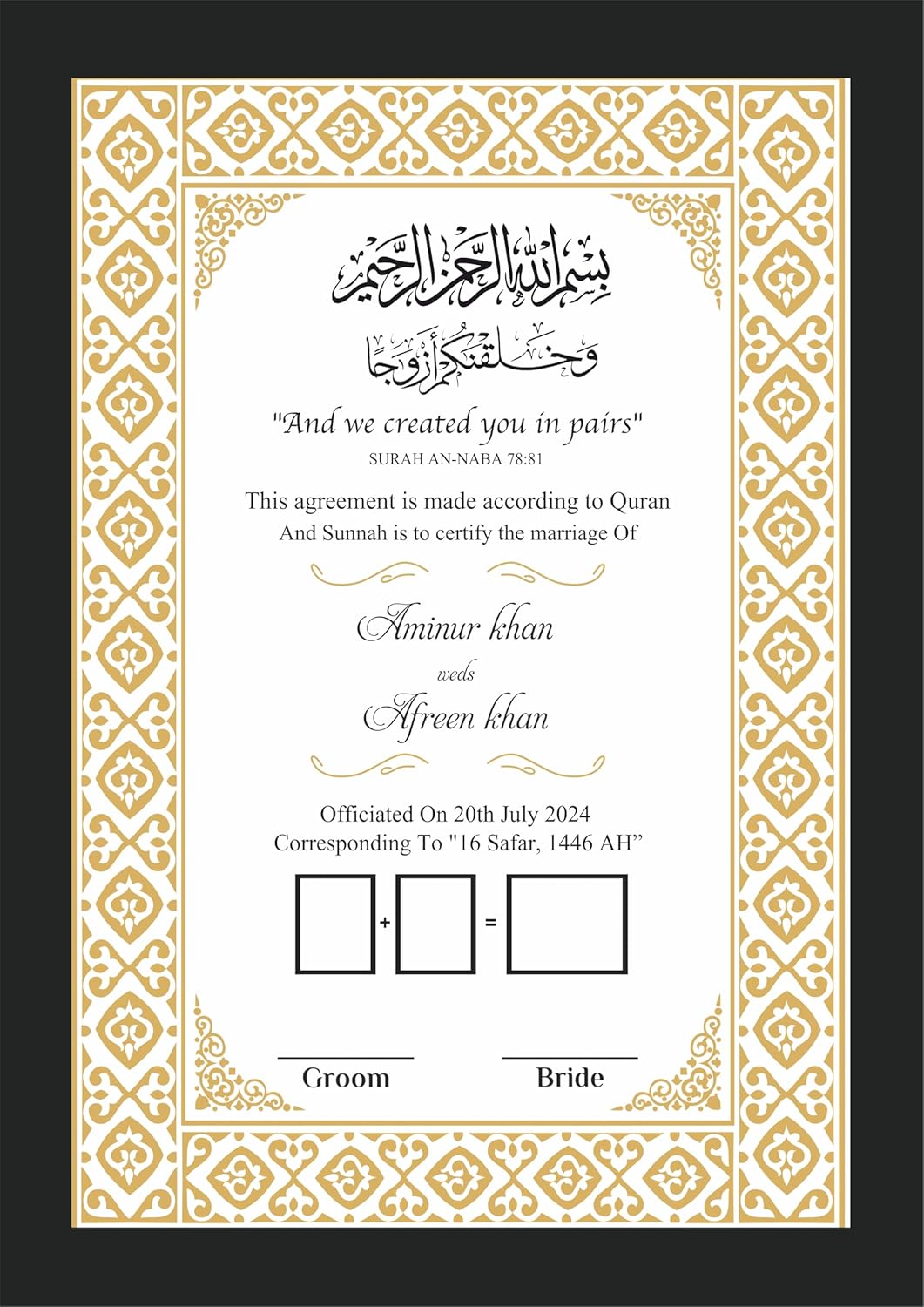 Nikah Certificate | Islamic Marriage Certificate | 34 * 24CM | Couple ...