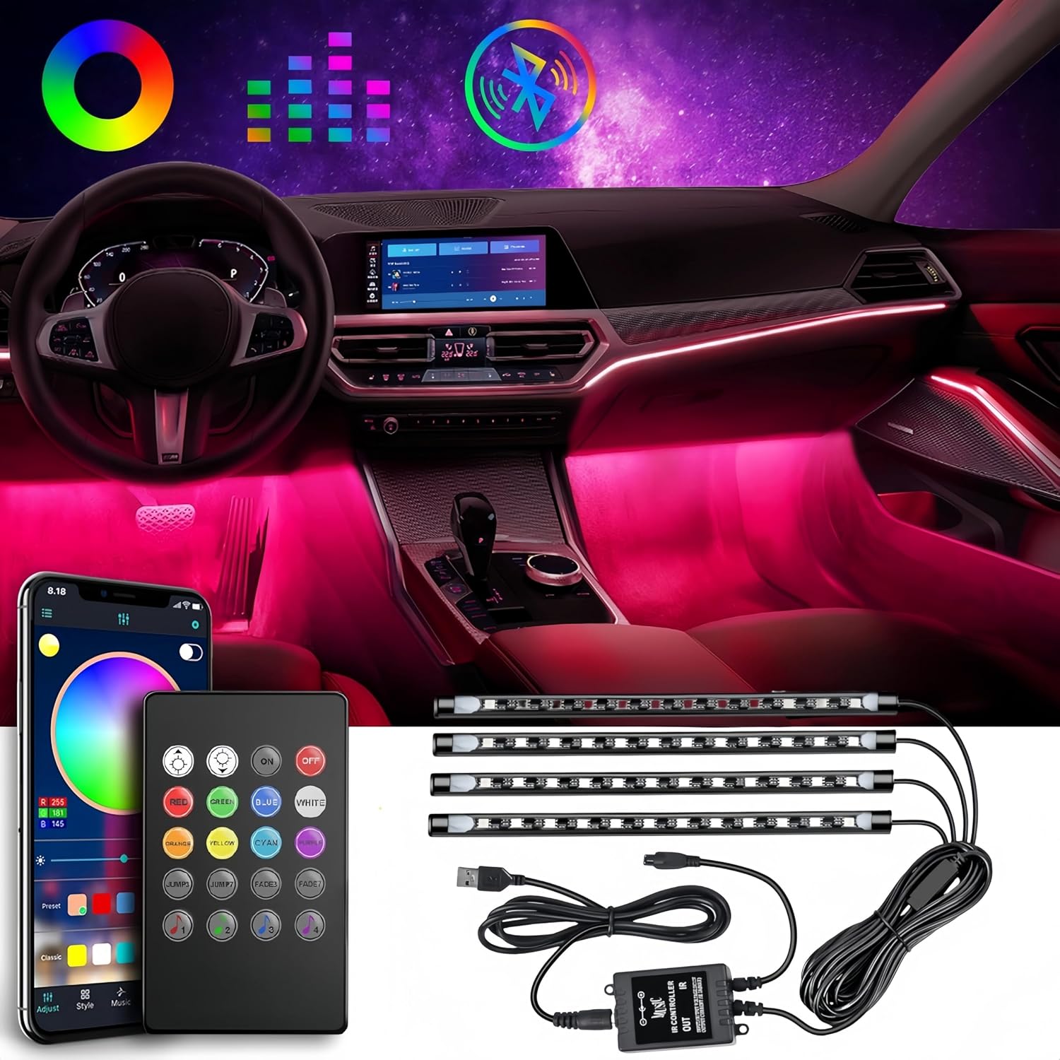 Megulla Interior Car LED Lights, RGB Car Interior Lights with Bluetooth ...