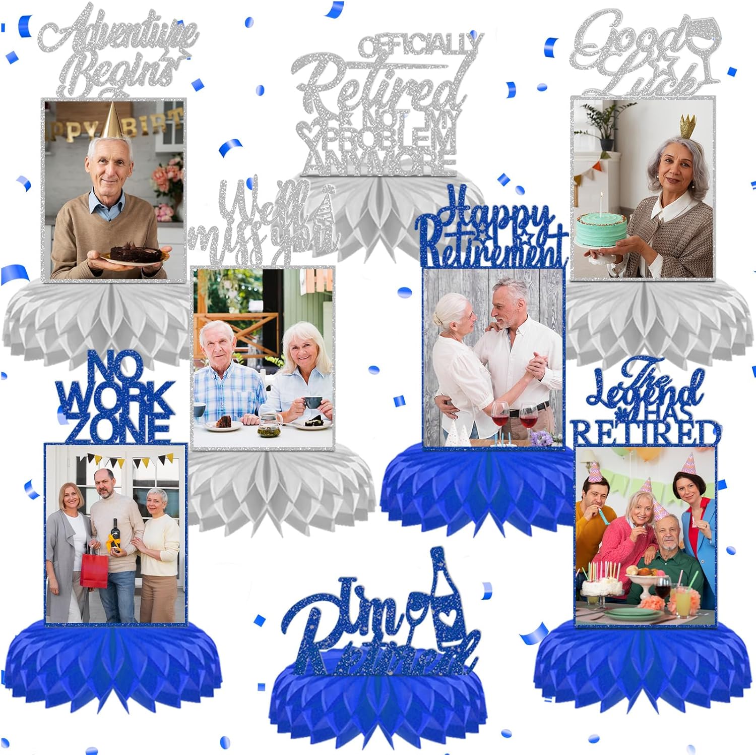 Amazon.com: Frakron 8pcs Retirement Party Decorations Navy Blue Silver ...