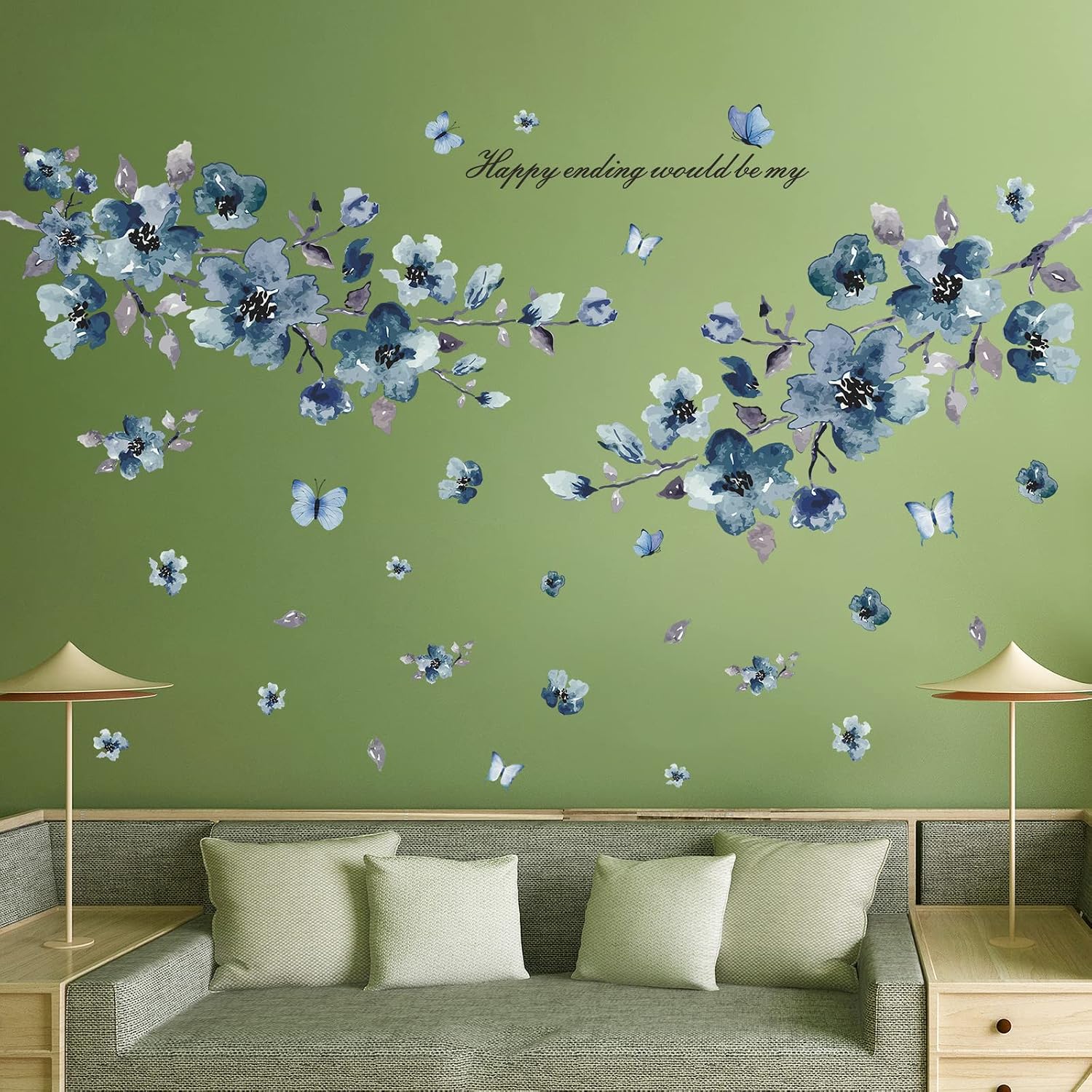Amazon.com: Watercolor Blue Floral Branches Wall Decals - Ink Blue ...