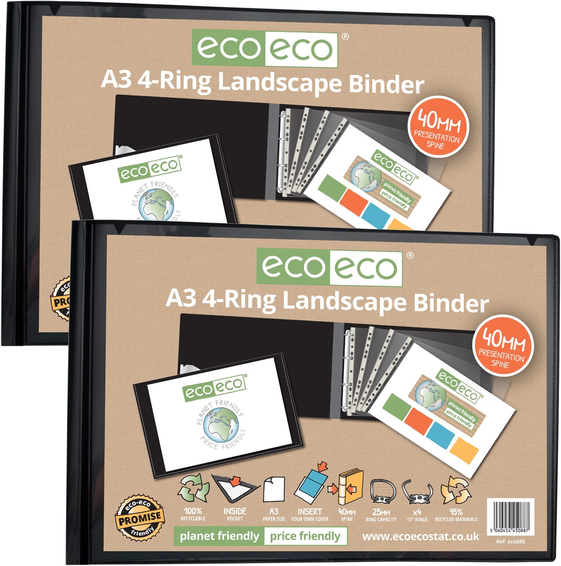 eco-eco A3 95% Recycled 4-D Landscape Ring Binder File Folder Black ...