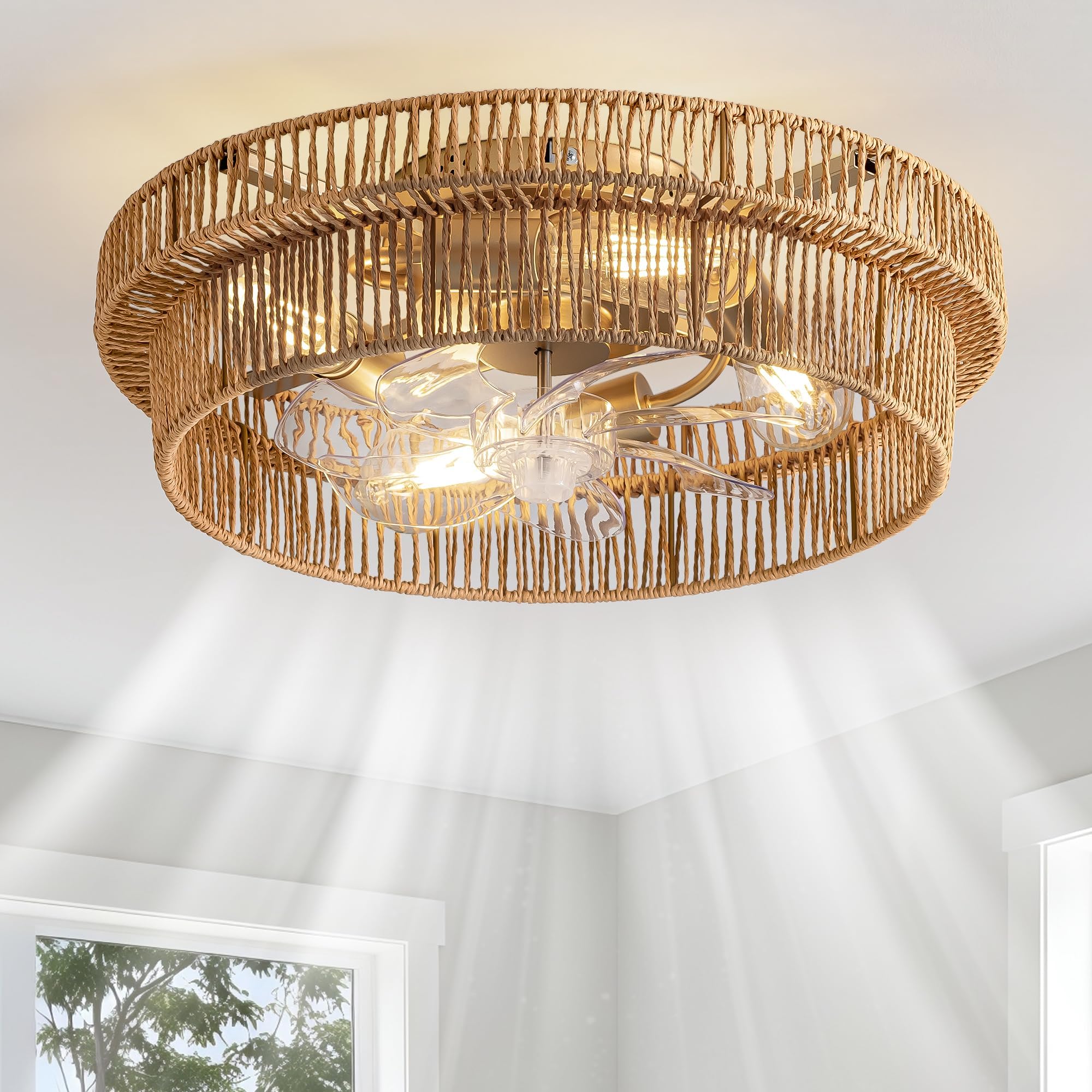 OPKMB Rustic Looking Caged Ceiling Fan with Lights and Remote, 20 Inch ...