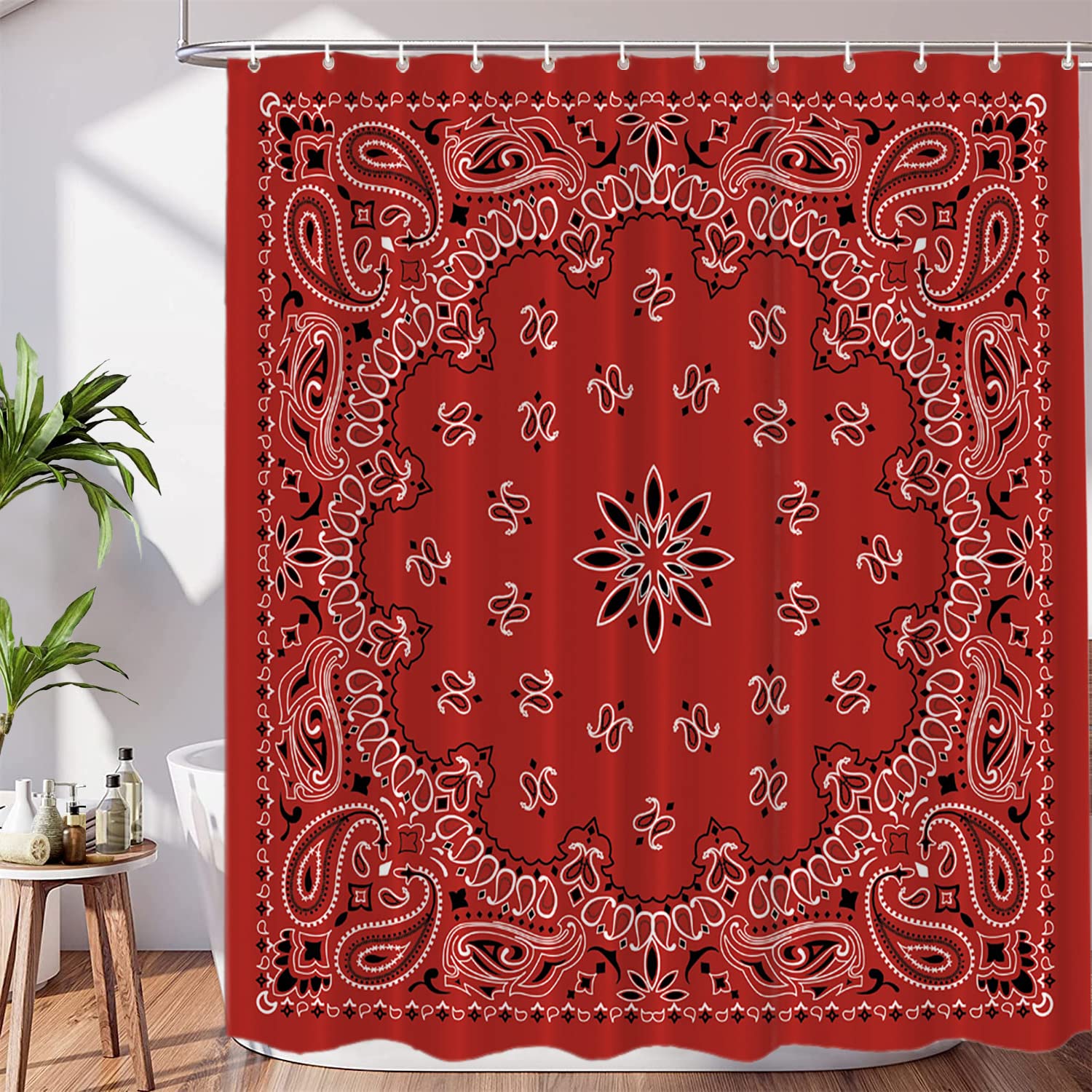 Amazon.com: BaoNews Red Paisley Bandana Decor Shower Curtain Set ...