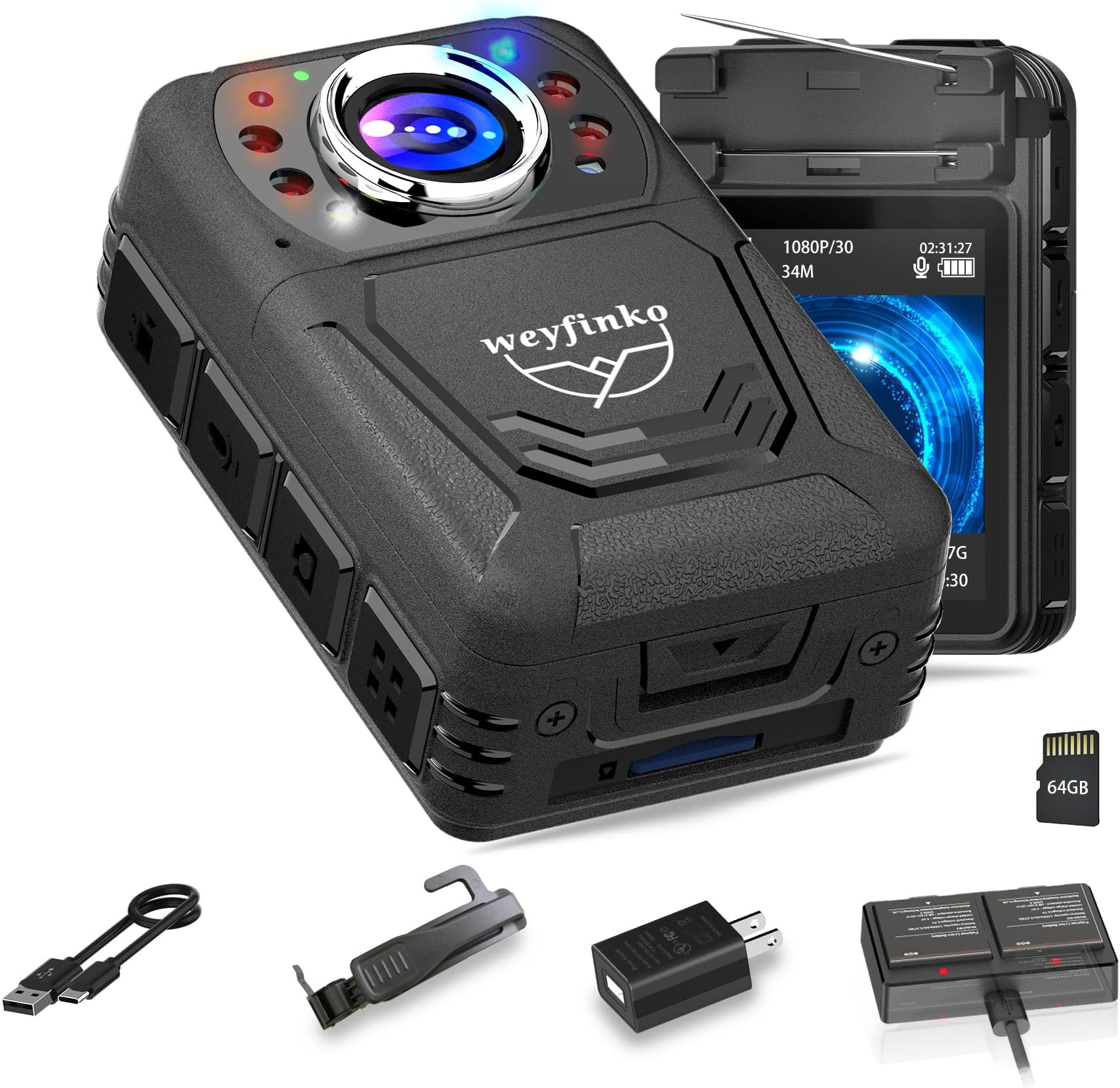 Amazon.com: weyfinko W3 1080 Body Worn Cameras,64GB&2 Ways of Clips ...