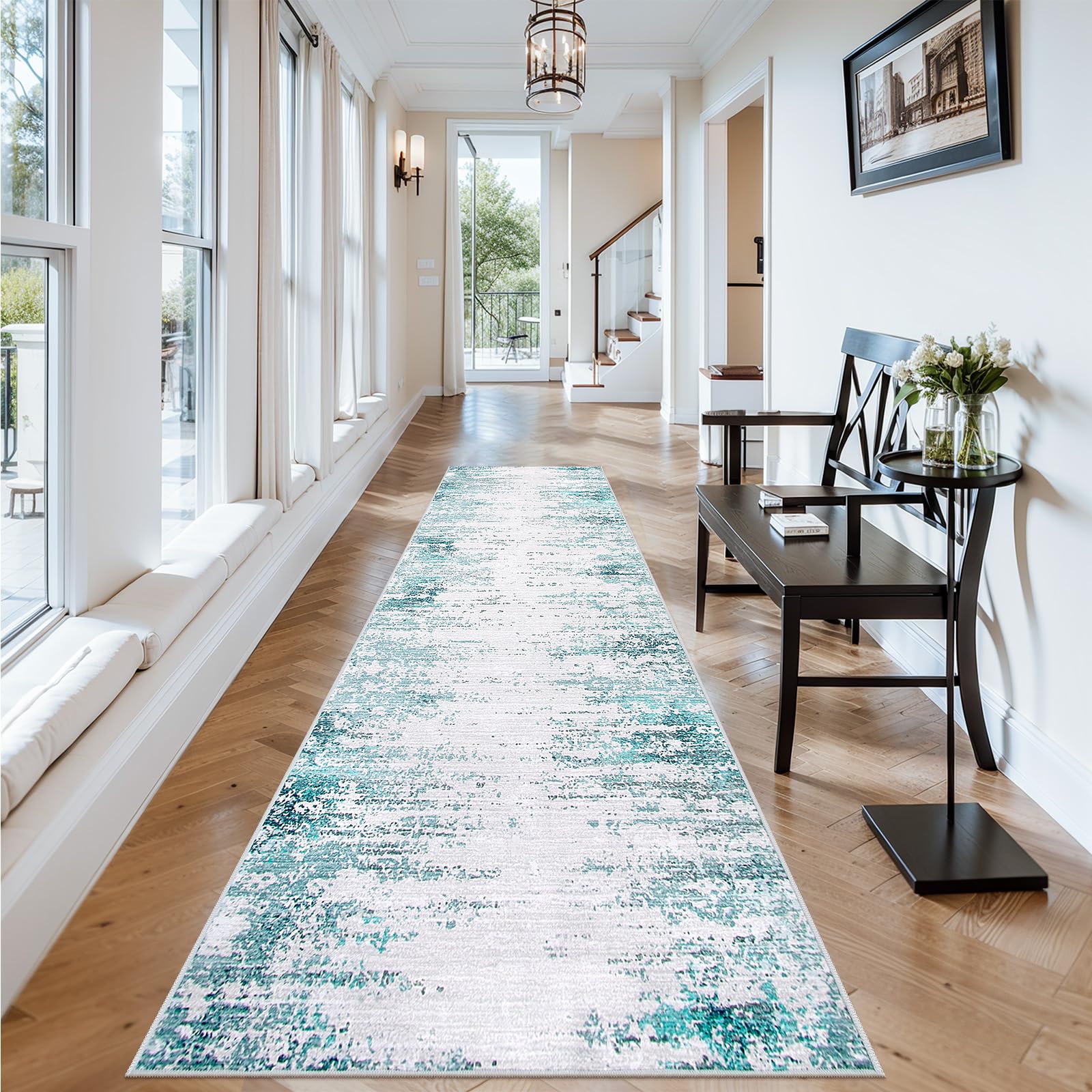 Amazon.com: Lahome Abstract Teal Long Kitchen Runner Rug, Machine ...