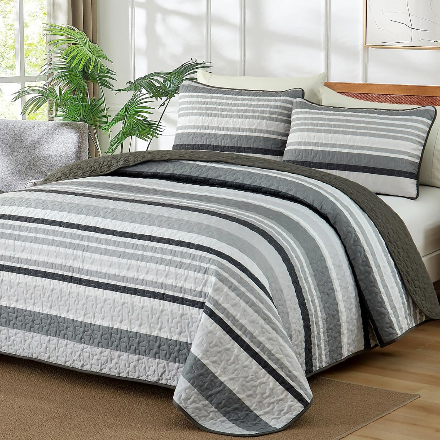 Amazon.com: Dobuyly Grey Quilt Set Queen Size, Gray White Striped Quilt ...