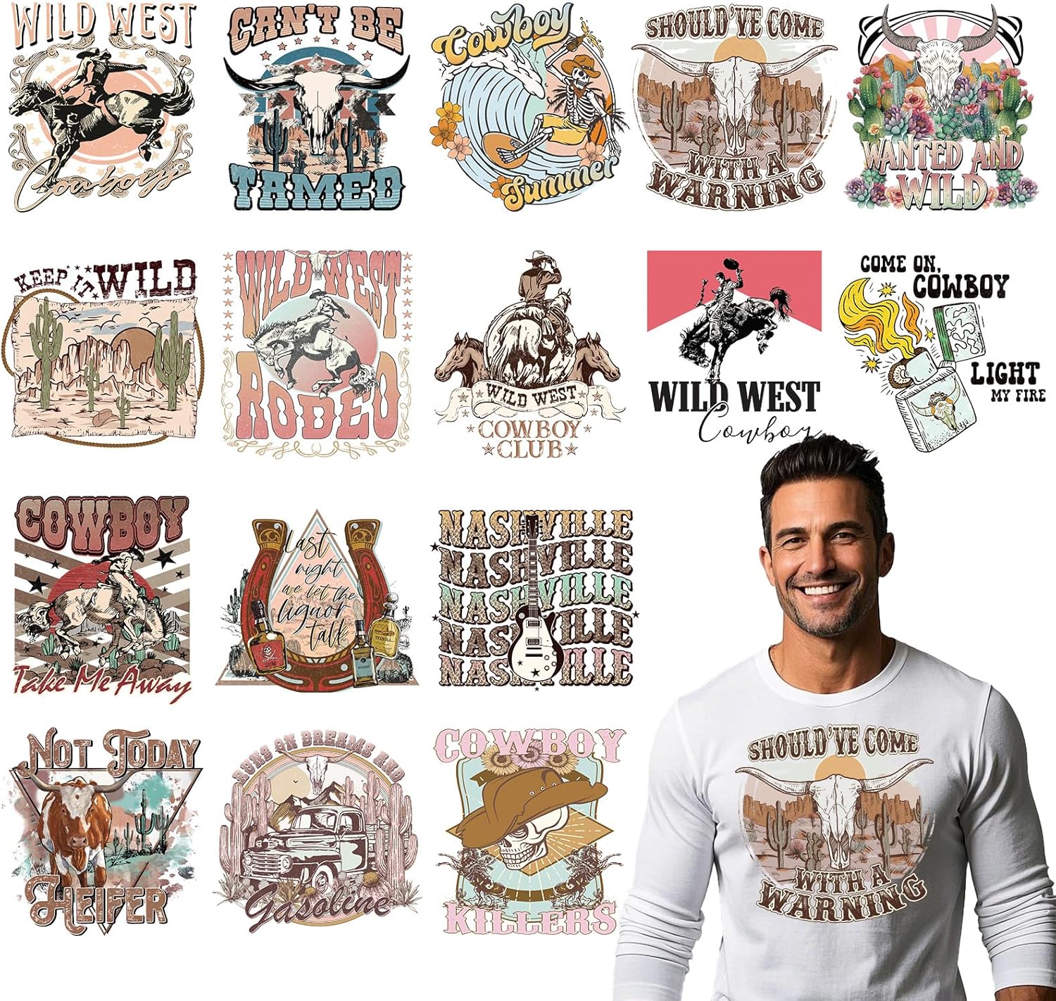 Amazon.com: Wxiben Western Cowboy Iron on Transfers - 16 Sheets Western ...
