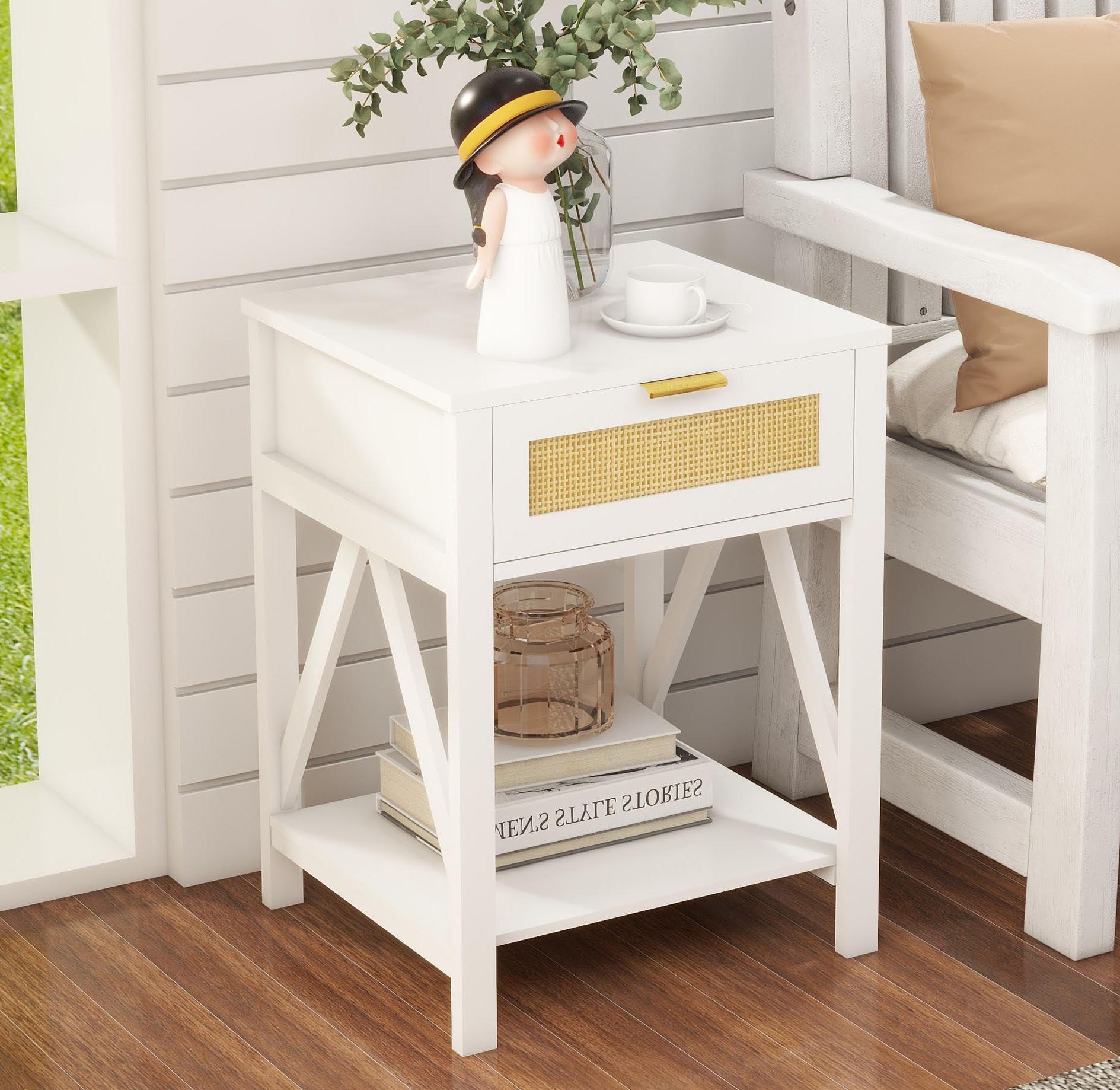 Amazon.com: FTZxHKLX White Rattan End Table with Storage, Boho Side ...
