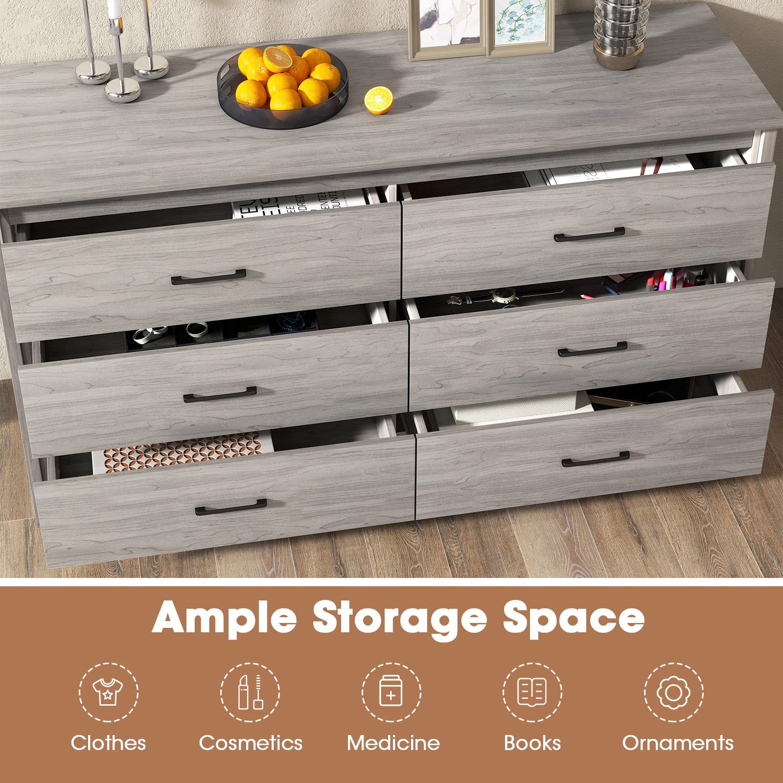 Giantex 6-Drawer Dresser for Living Room - Double Wide Chest of Drawers ...