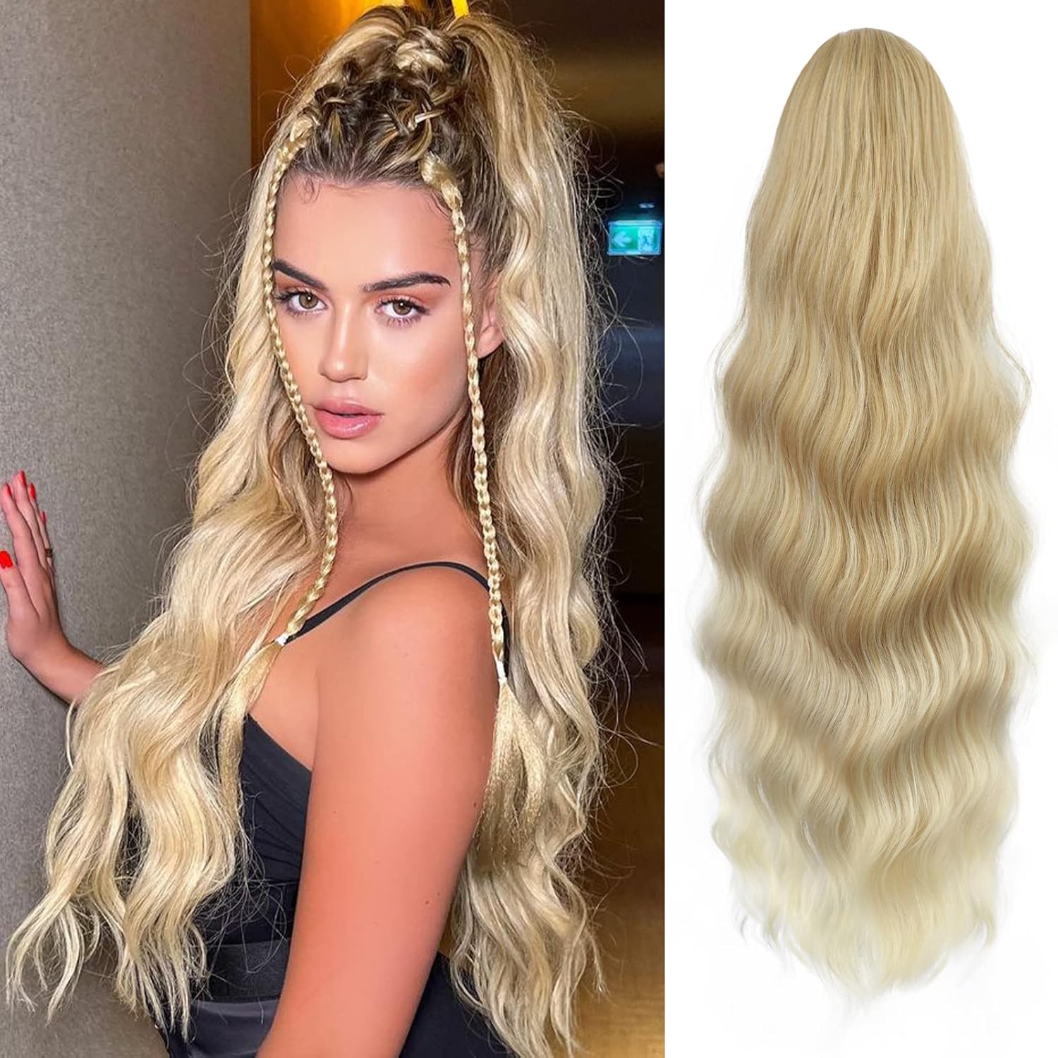 Amazon.com : FREEMEIGE Blonde Ponytail Extension Long Wavy Drawstring ...