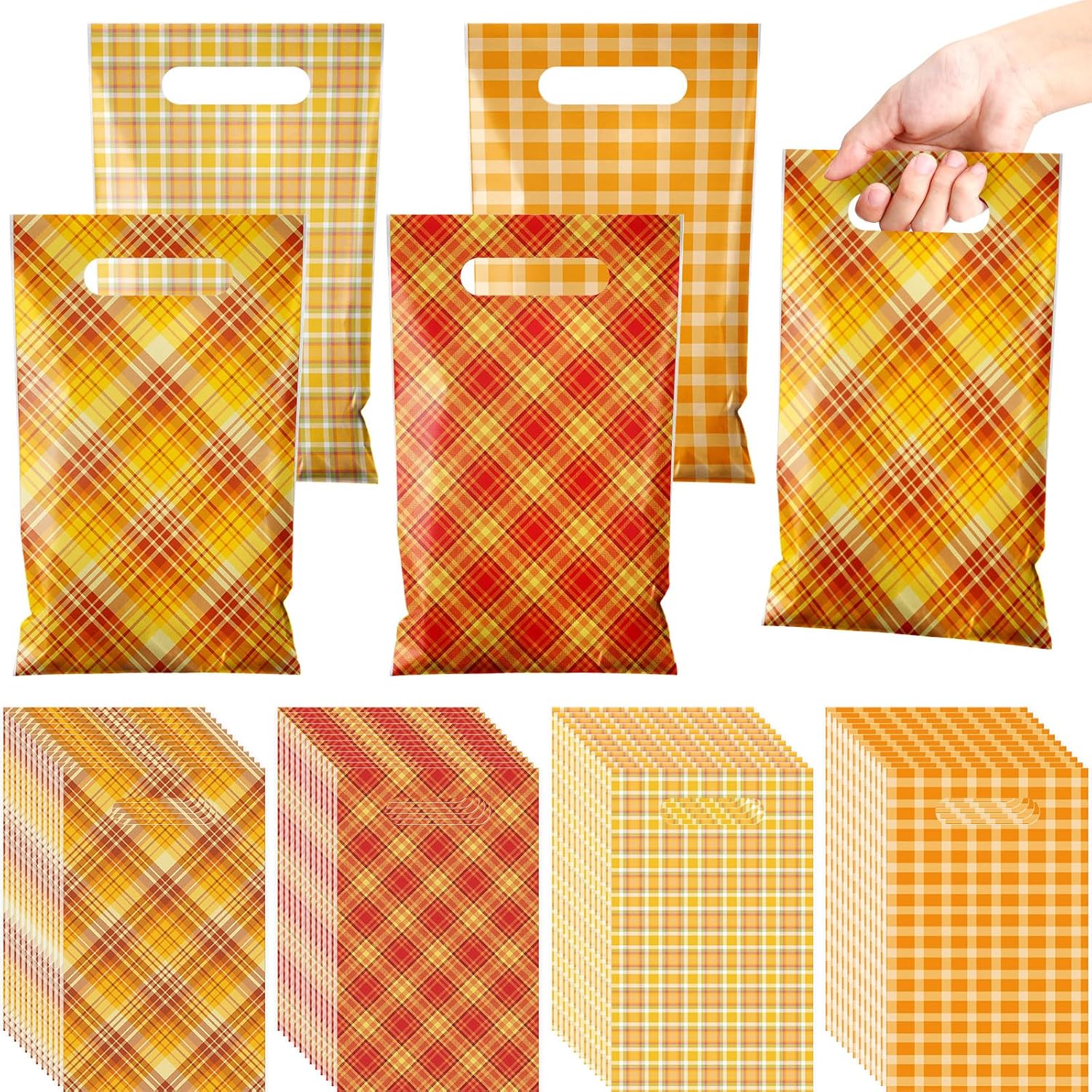 Amazon.com: Tenare 100 Pcs Plastic Fall Plaid Gift Bags Bulk with ...