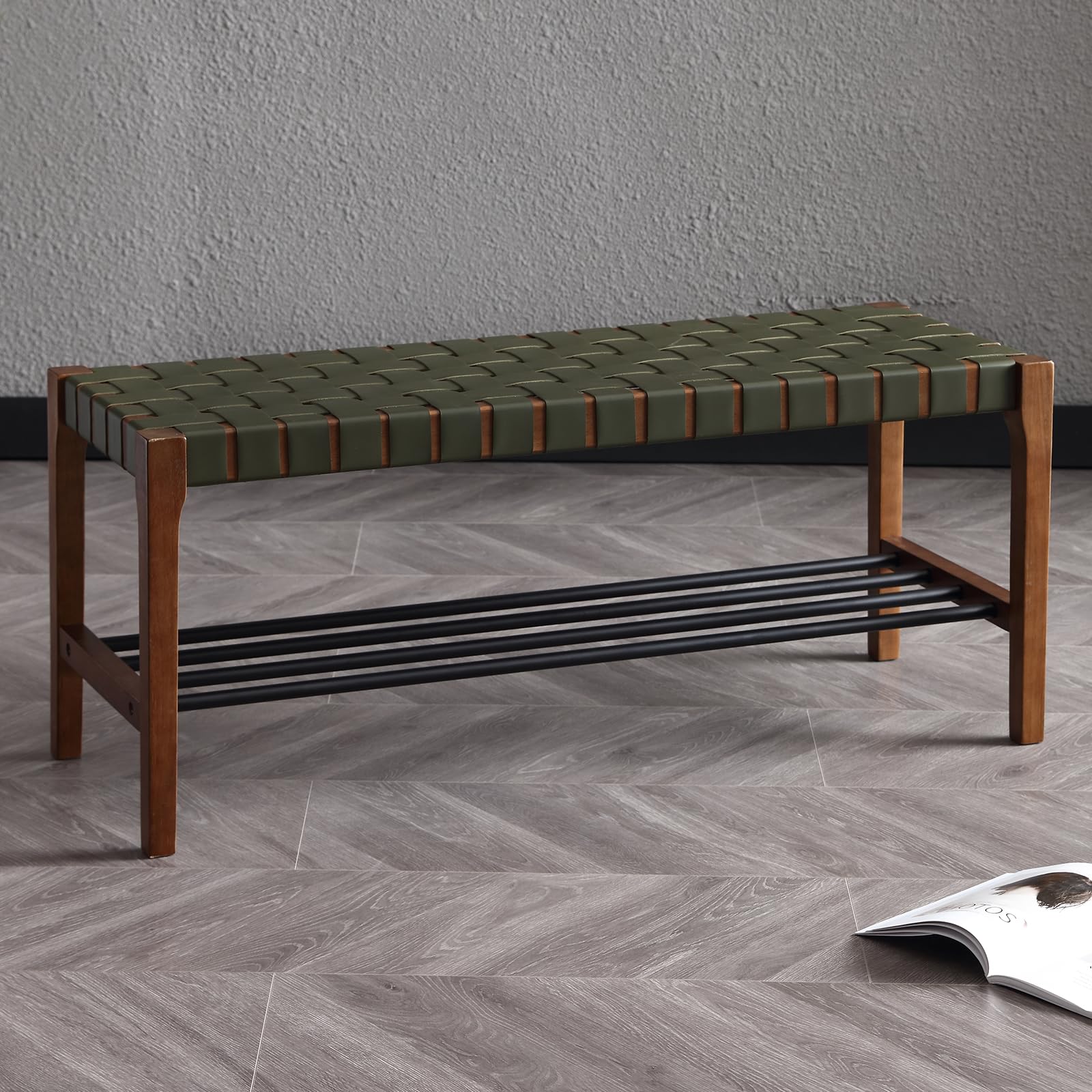 Woven Leather And Iron Entryway Bench Leather Woven Bench W/ Solid