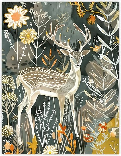 Artery8 Deer in Autumn Forest Wildflowers Animal Folk Art Living Room ...