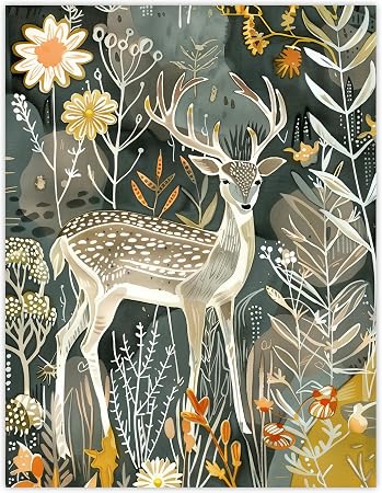 Artery8 Deer in Autumn Forest Wildflowers Animal Folk Art Living Room ...