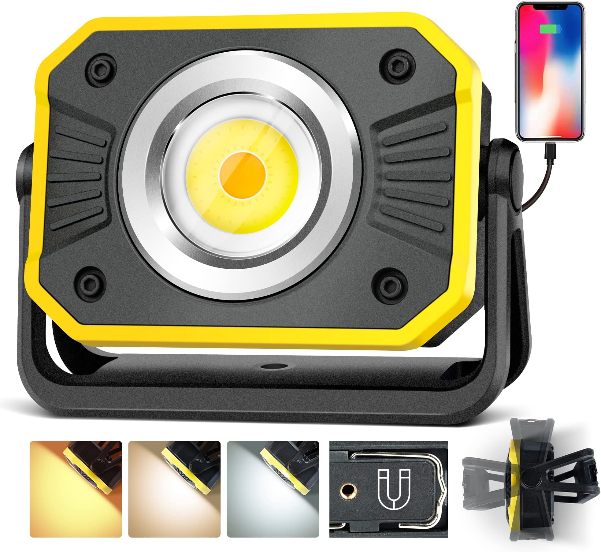 LED Work Light, 2000LM Portable COB Rechargeable Work Lights, Magnetic ...