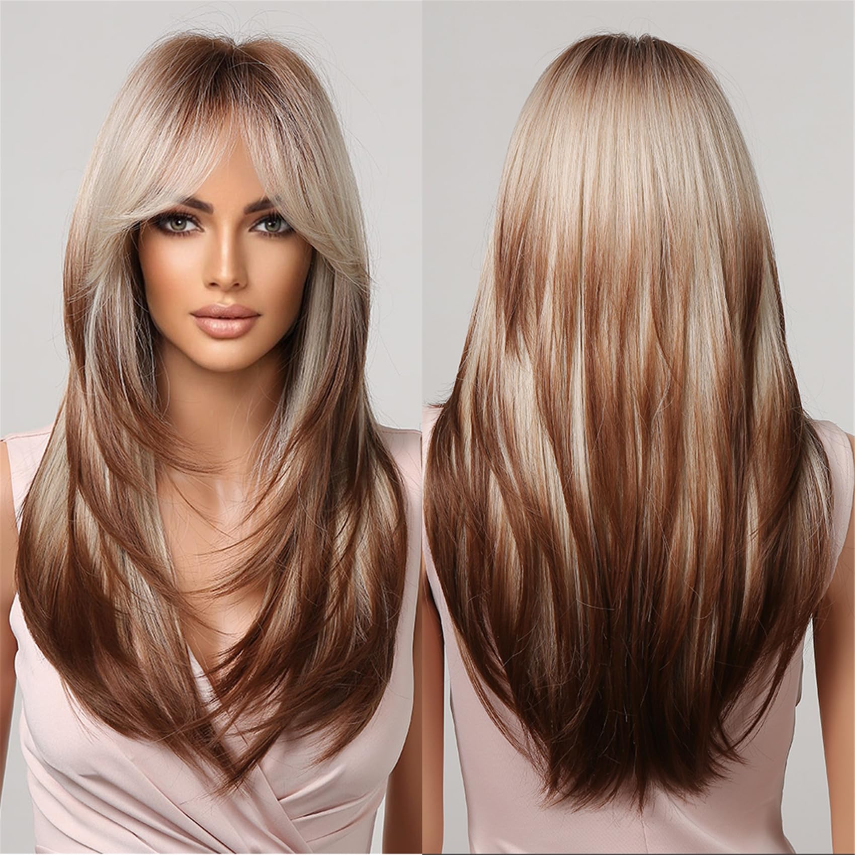 Amazon.com : Aimole Women's Wig Long Layered Wig Brown with Blonde ...