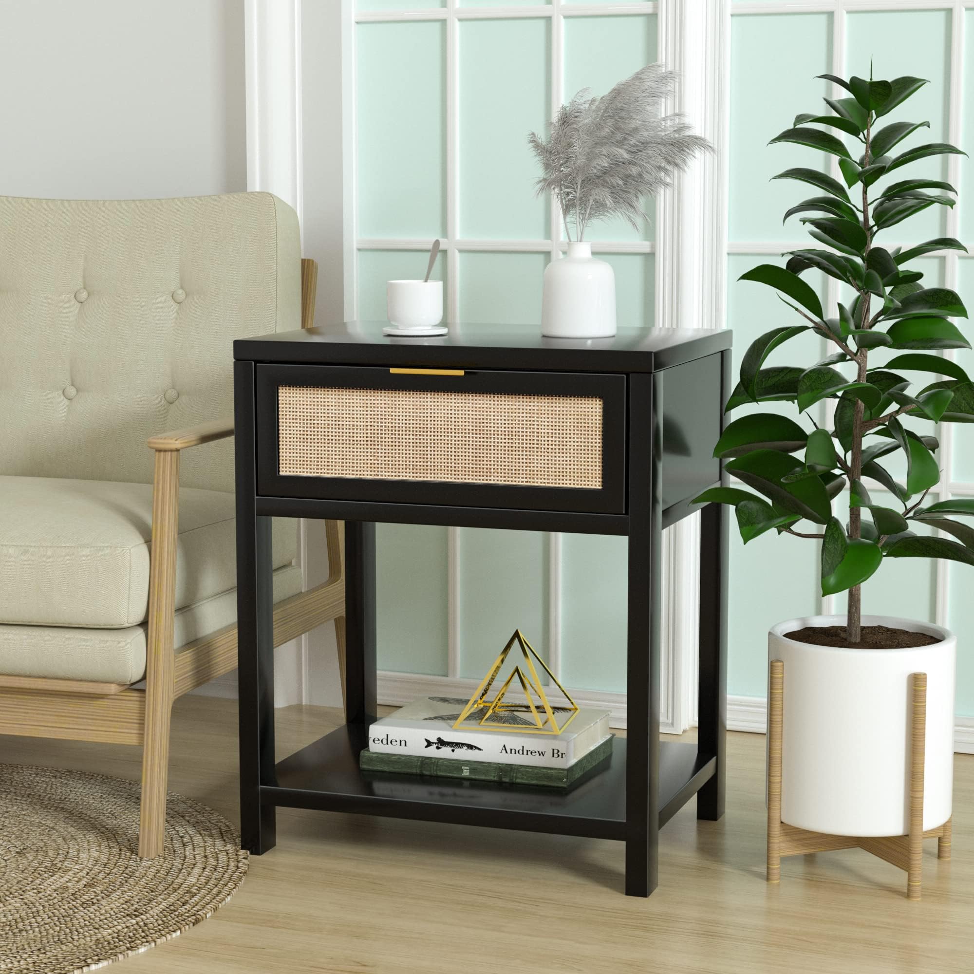 Amazon.com: DOUSY Black Bamboo Nightstand Set of 2, Mid-Century Modern ...