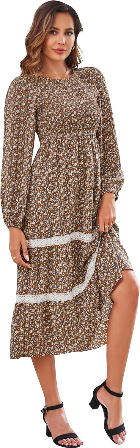 Amazon.com: VintageClothing Women's Fall Midi Dress Long Sleeve Casual ...