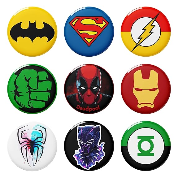 Visibee Superhero Pin Badges Set of 9 – 58mm Round Button Badges for ...