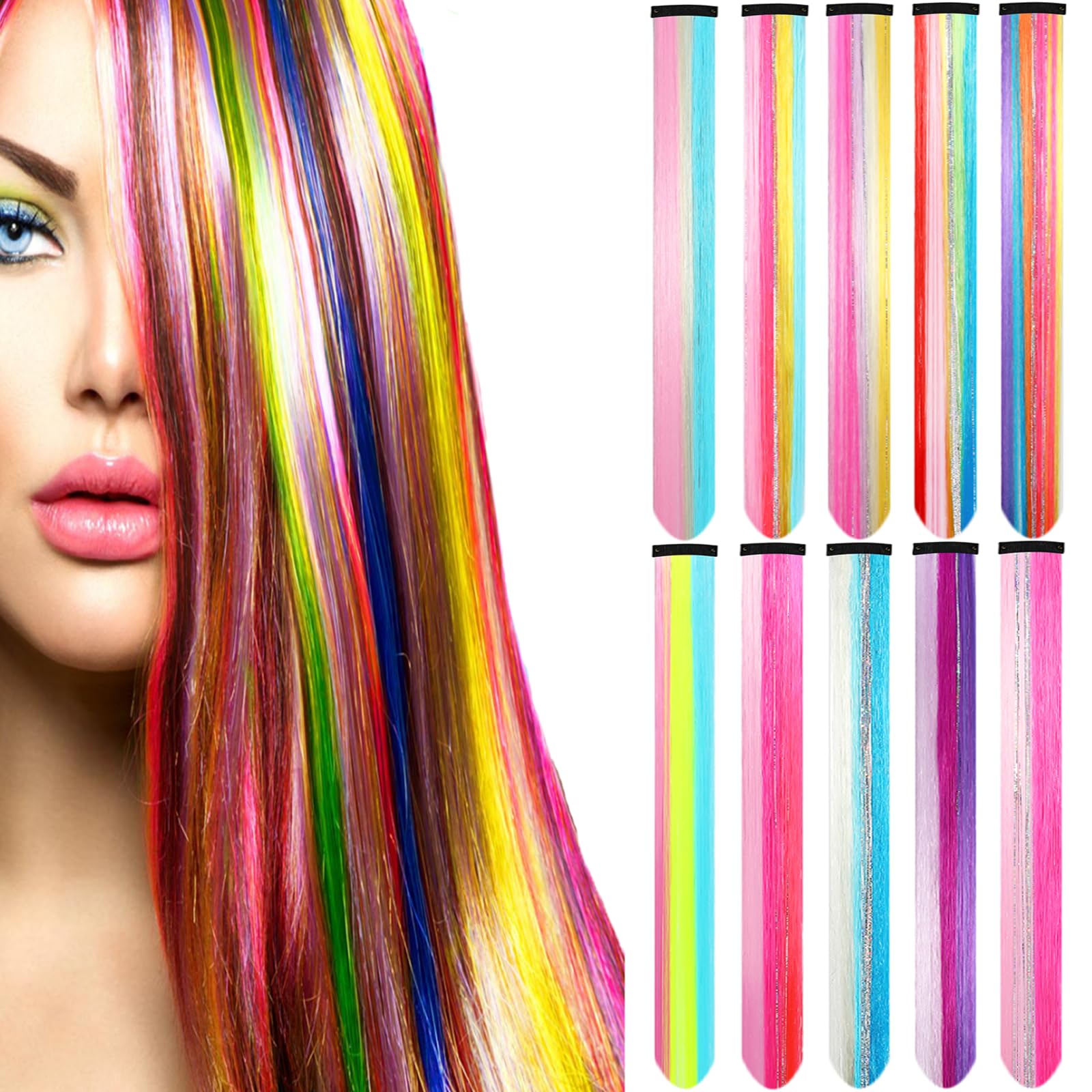 Amazon.com : 10Pcs Colored Hair Extensions 20Inch Multi-Colors Straight ...
