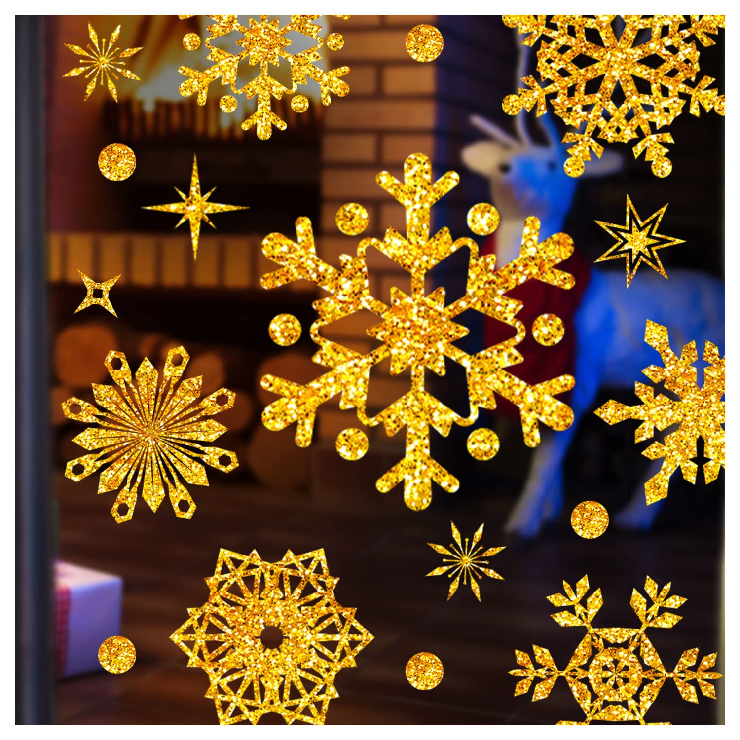 Amazon.com: Cerlaza Golden Glitter Snowflake Winter Window Clings ...
