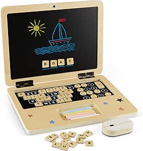 Amazon.com: Wooden Computer Pretend Play Set - Pretend Laptop Toy for ...