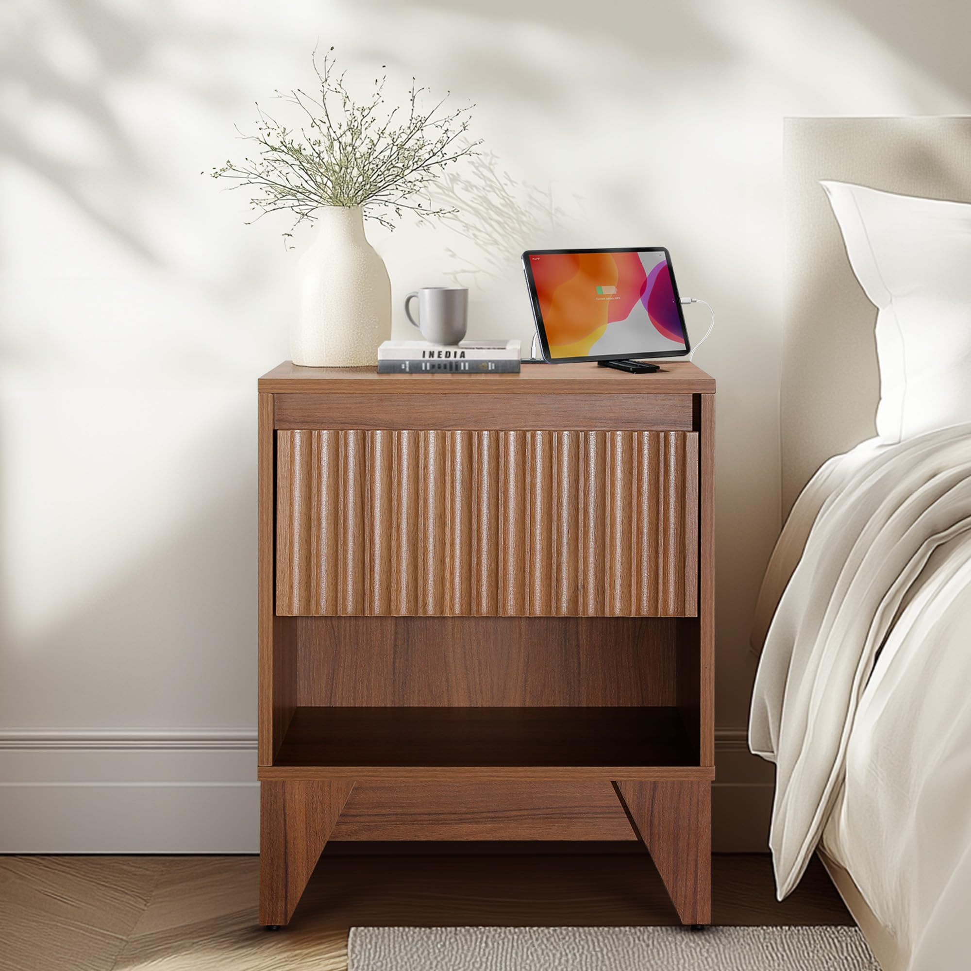 Amazon.com: Smart FENDEE Nightstands, Walnut Fluted Night Stand, Mid ...