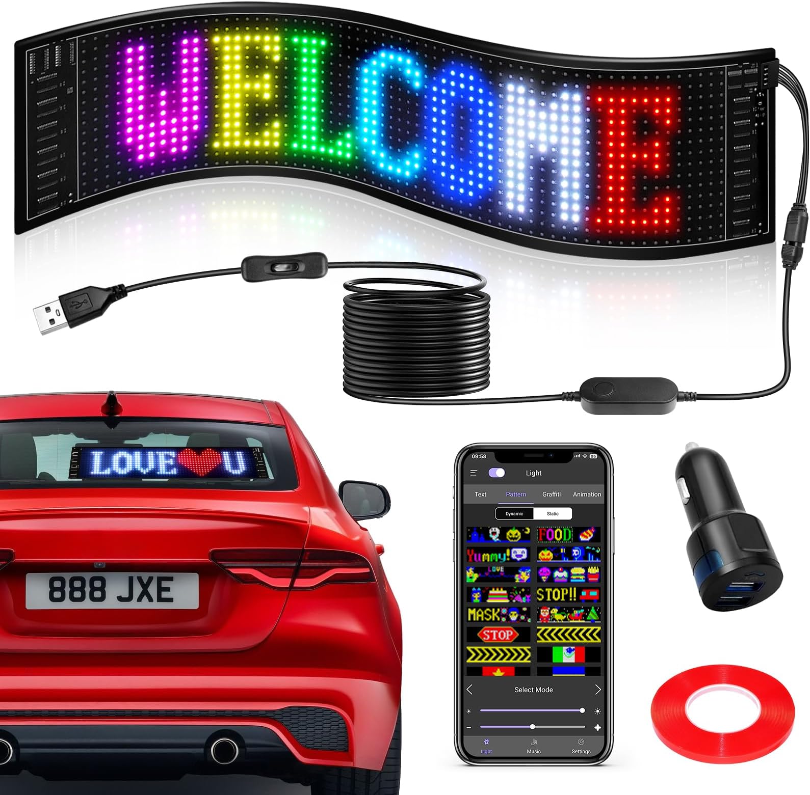 Amazon.com : Car LED Sign, 15''x4'' Programmable Scrolling LED Sign, Light Signs for Car USB 5V ...