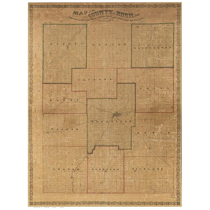 Buy Rush County Indiana 1856 - Wall Map with Landowner Names Farm Lines ...
