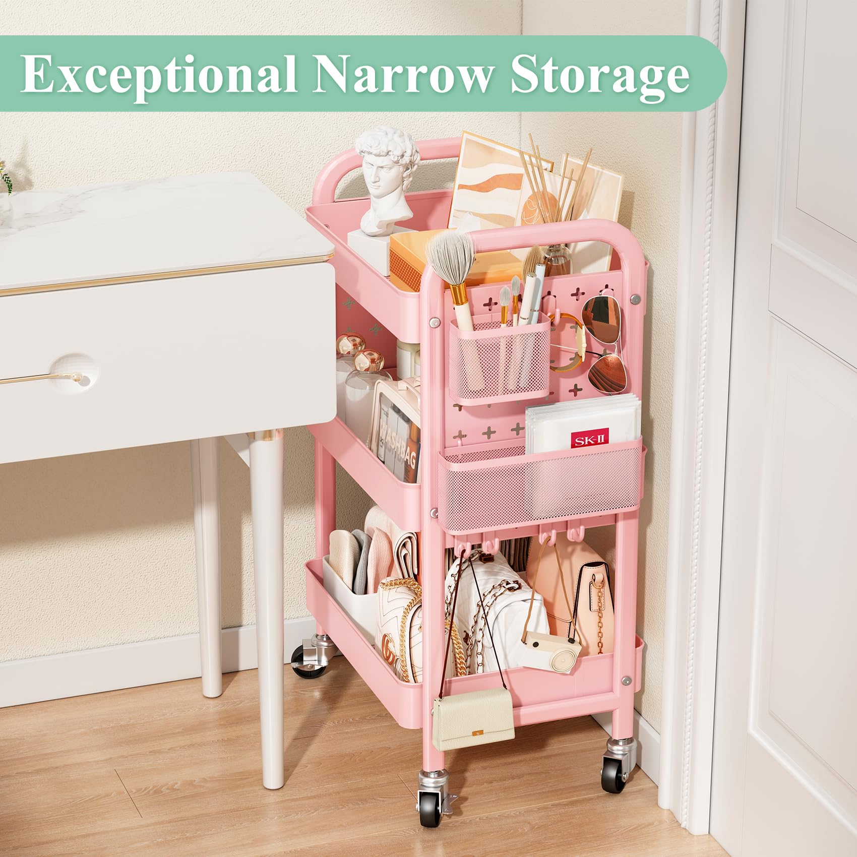 Snapklik.com : 3 Tier Rolling Utility Cart On Wheels - Pink Storage ...