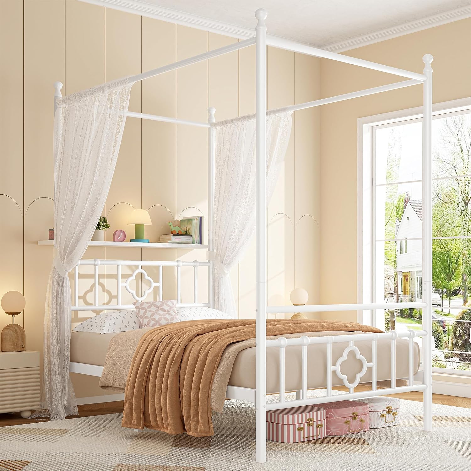 Amazon.com: Homkdom Canopy Bed Frame with Storage Headboard, Twin Size ...
