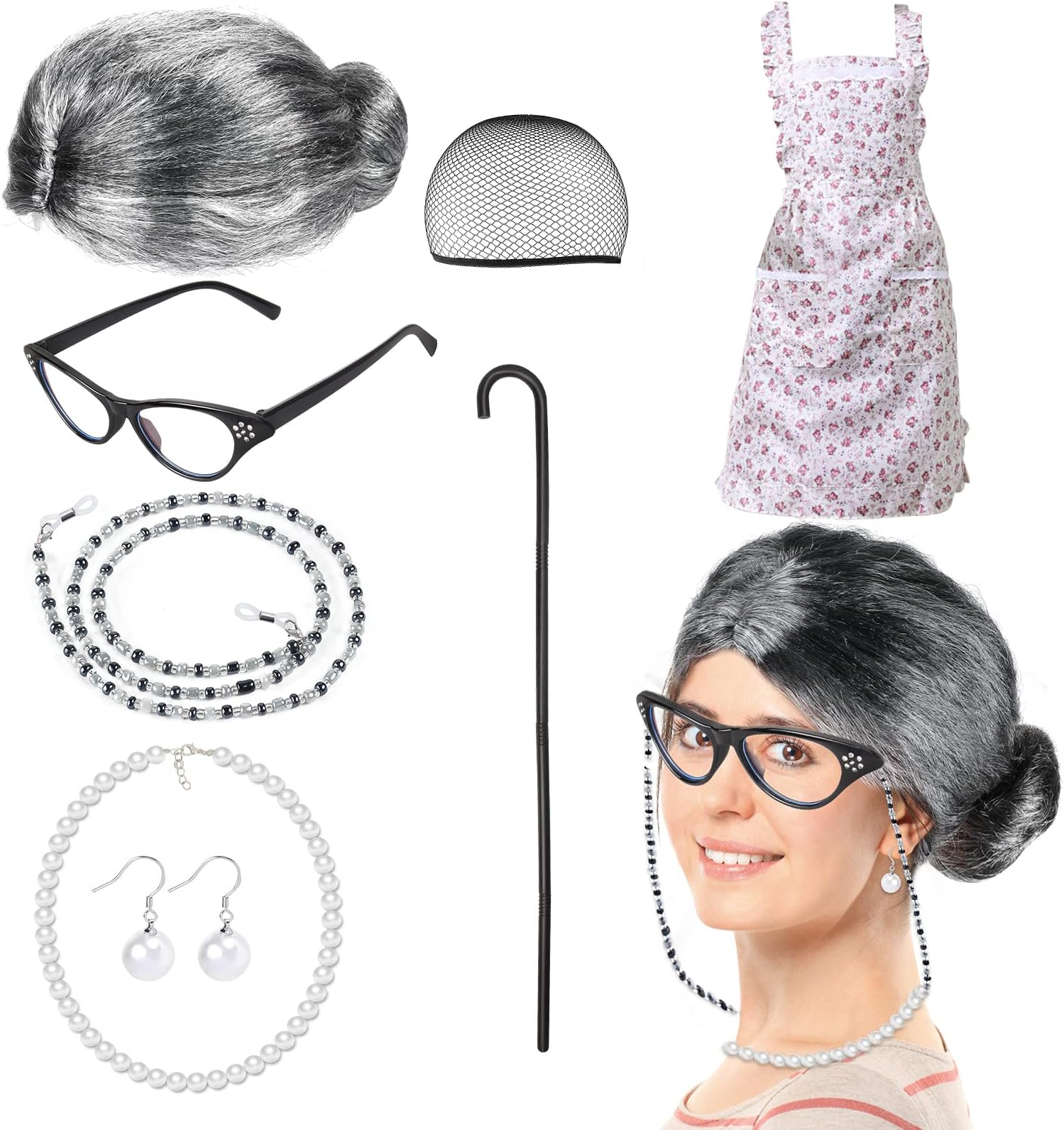 Amazon.com: Santoy Old Grandma Wig Costume Set for Women and Girls ...
