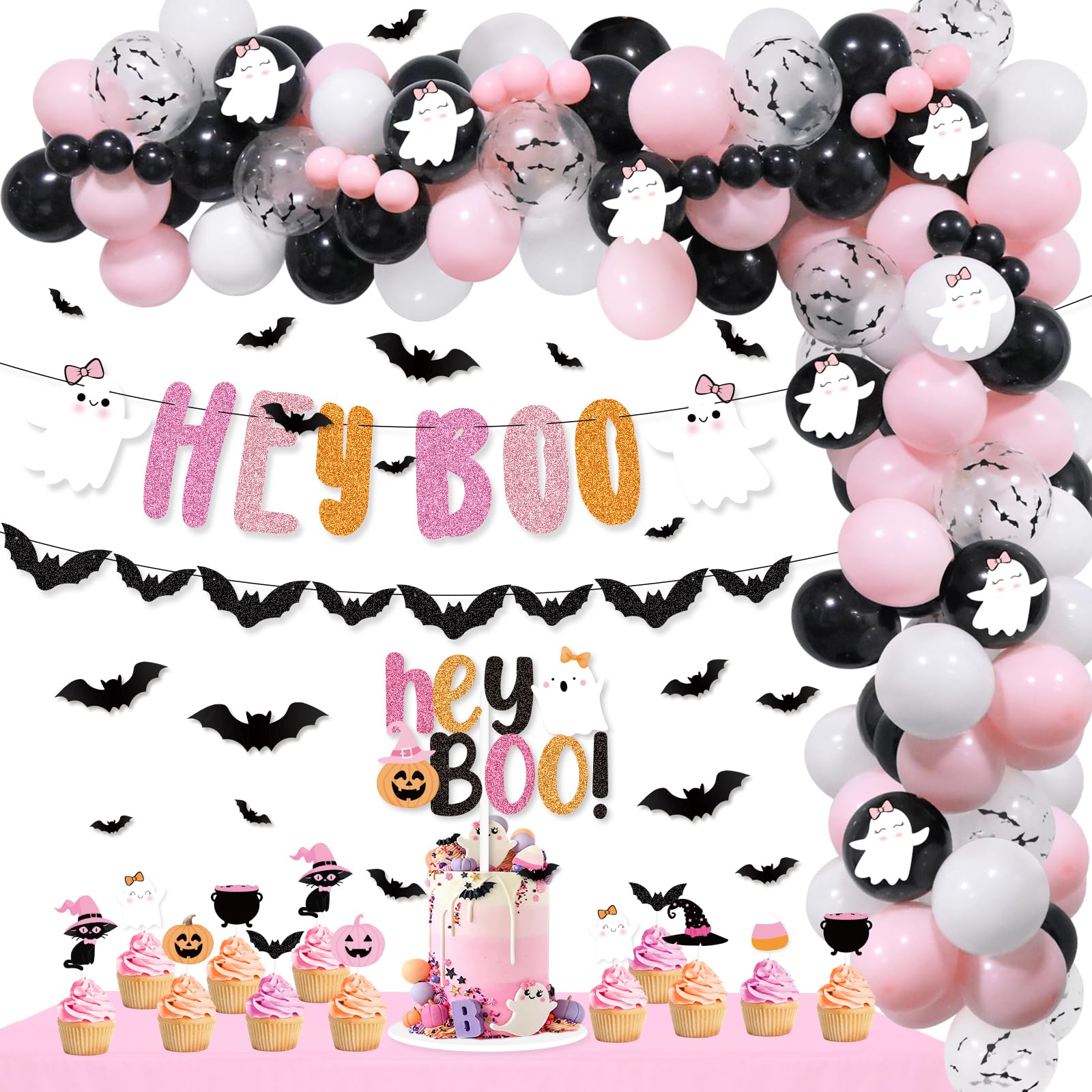 Amazon.com: Pink Black Ghost Halloween Balloons Arch Garland Kit Decor ...