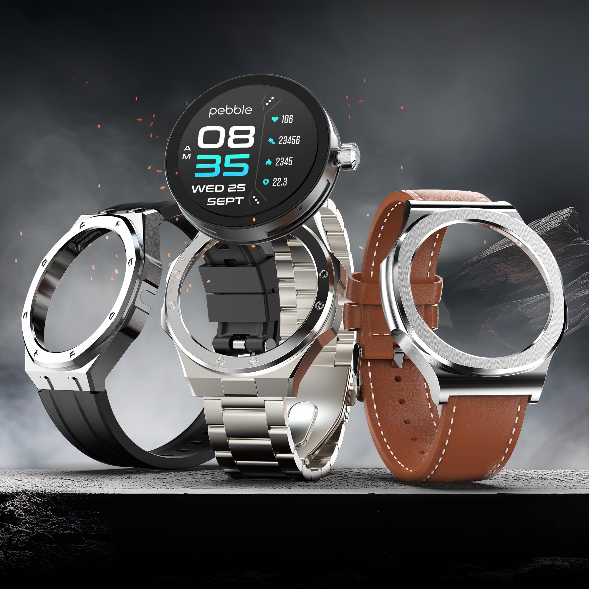 Pebble Shuffle 1.43" AMOLED Smartwatch with 3 Interchangeable Dials ...