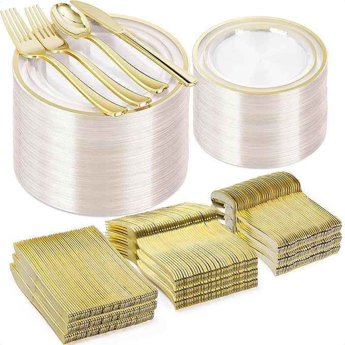 Amazon.com: BESTVIP 600PCS Clear Gold Plastic Plate Set (100 Guests ...